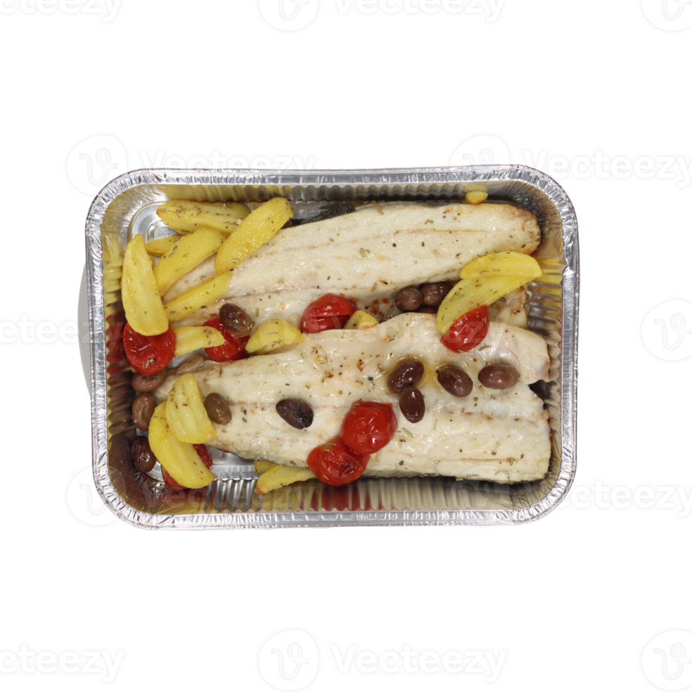 Sea Bass Fillet With Baked Potatoes And Olives 33885390 Png