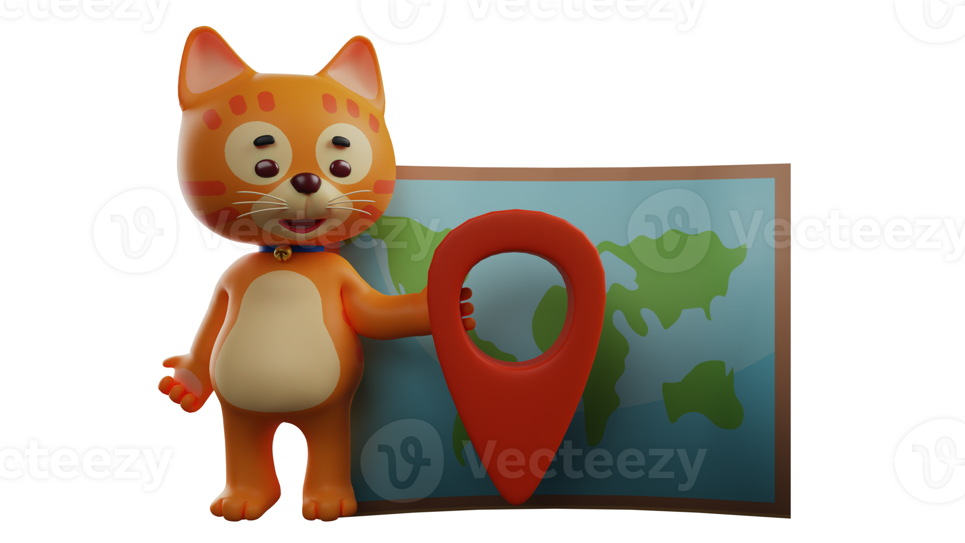 3d Illustration Awesome Cat 3d Cartoon Character Cool Cat Standing Next To The Map The Orange