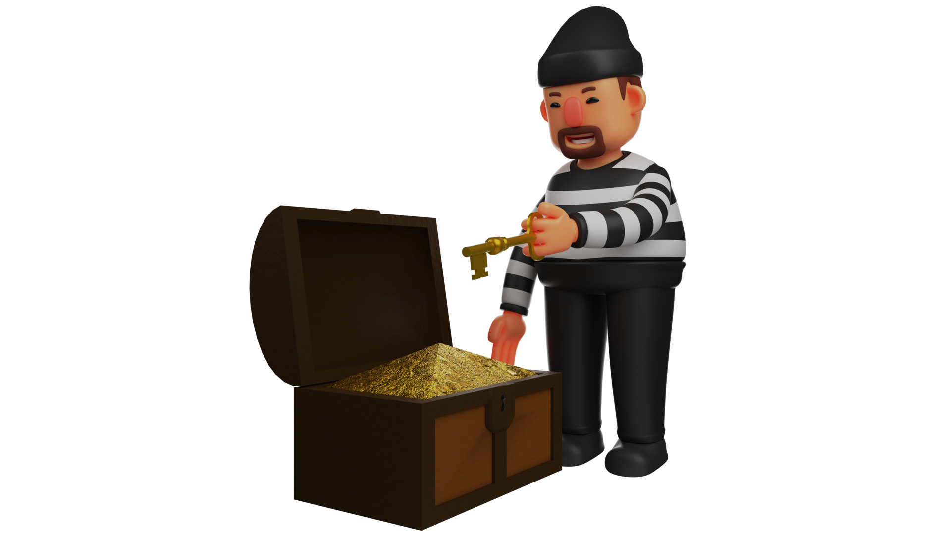 3D illustration. Lucky Thief 3D Cartoon Character. Thieves managed to find treasure. A great ...