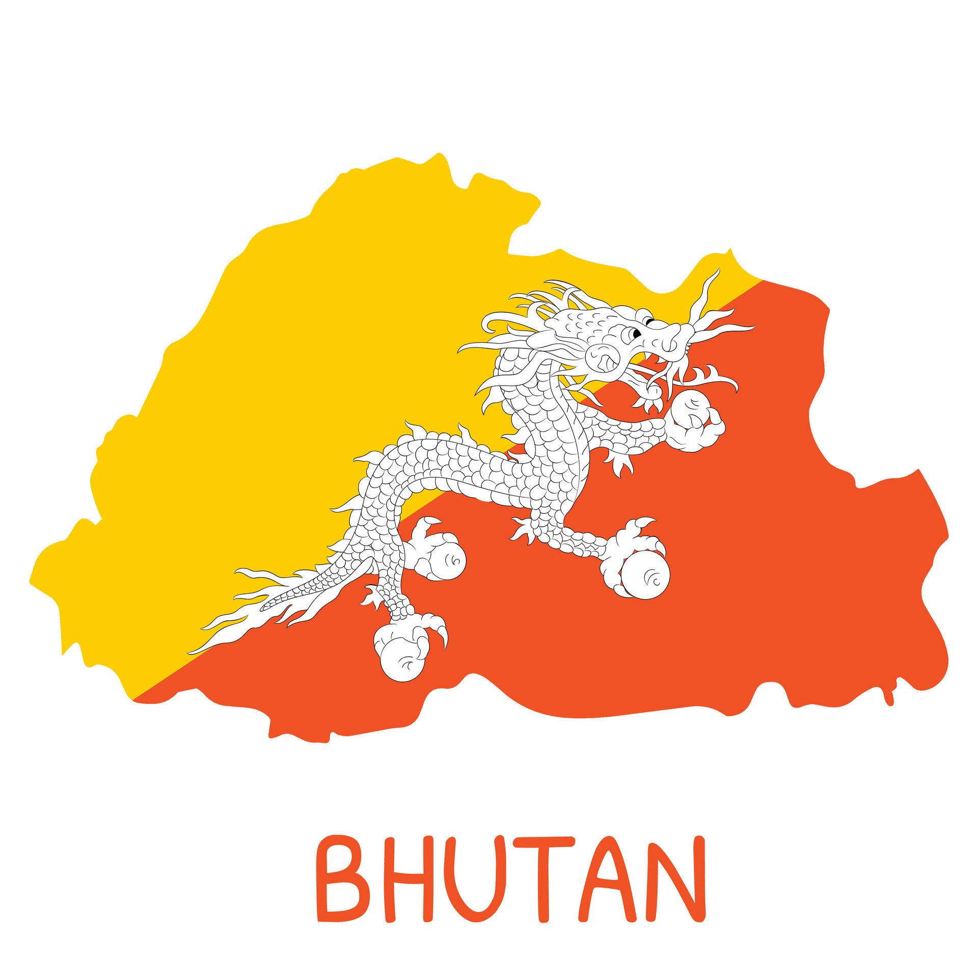 Bhutan National Flag Shaped as Country Map 33886488 Vector Art at Vecteezy