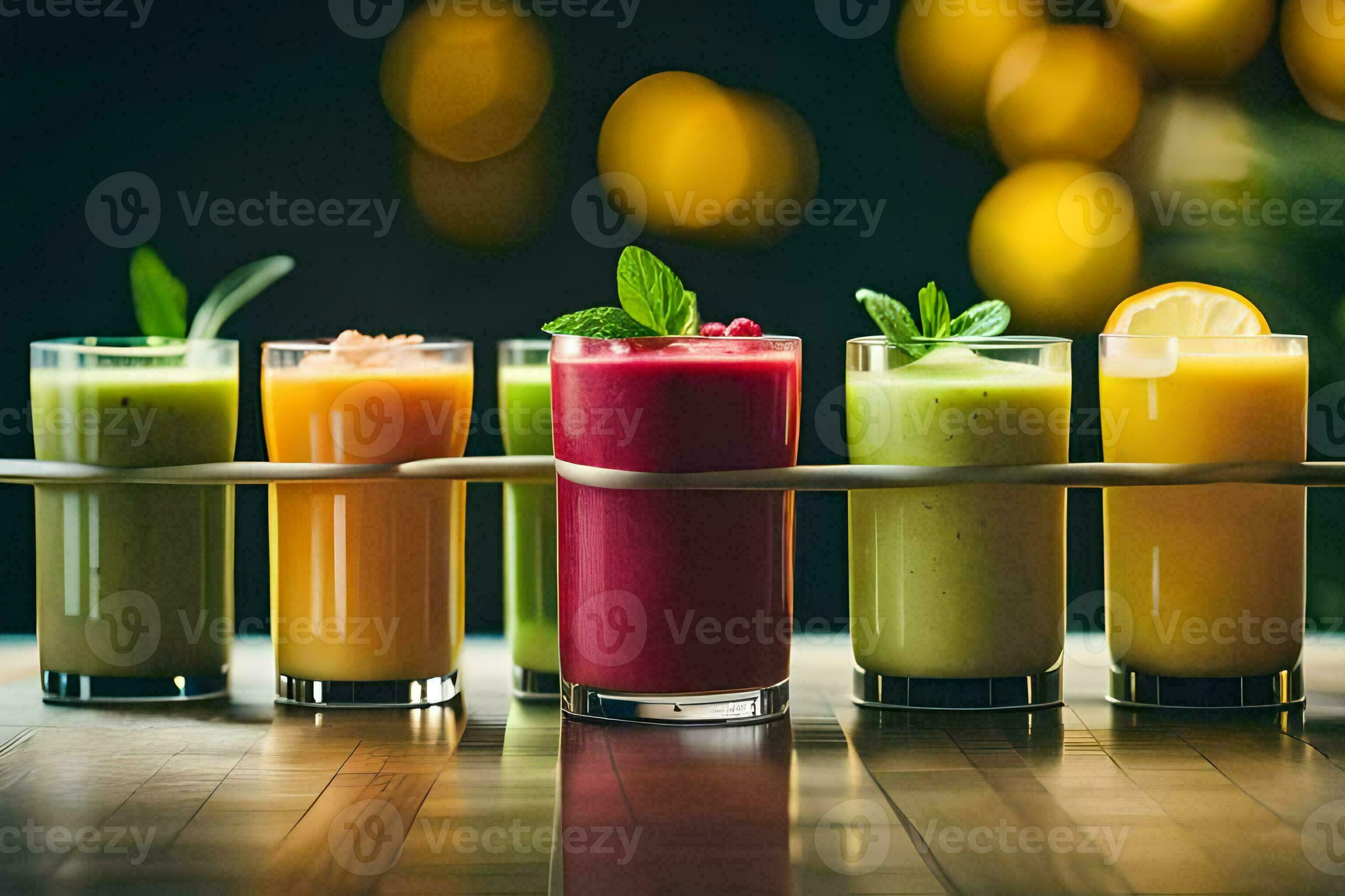 a row of different colored smoothies in glasses. AI-Generated 33920063 Stock Photo at Vecteezy