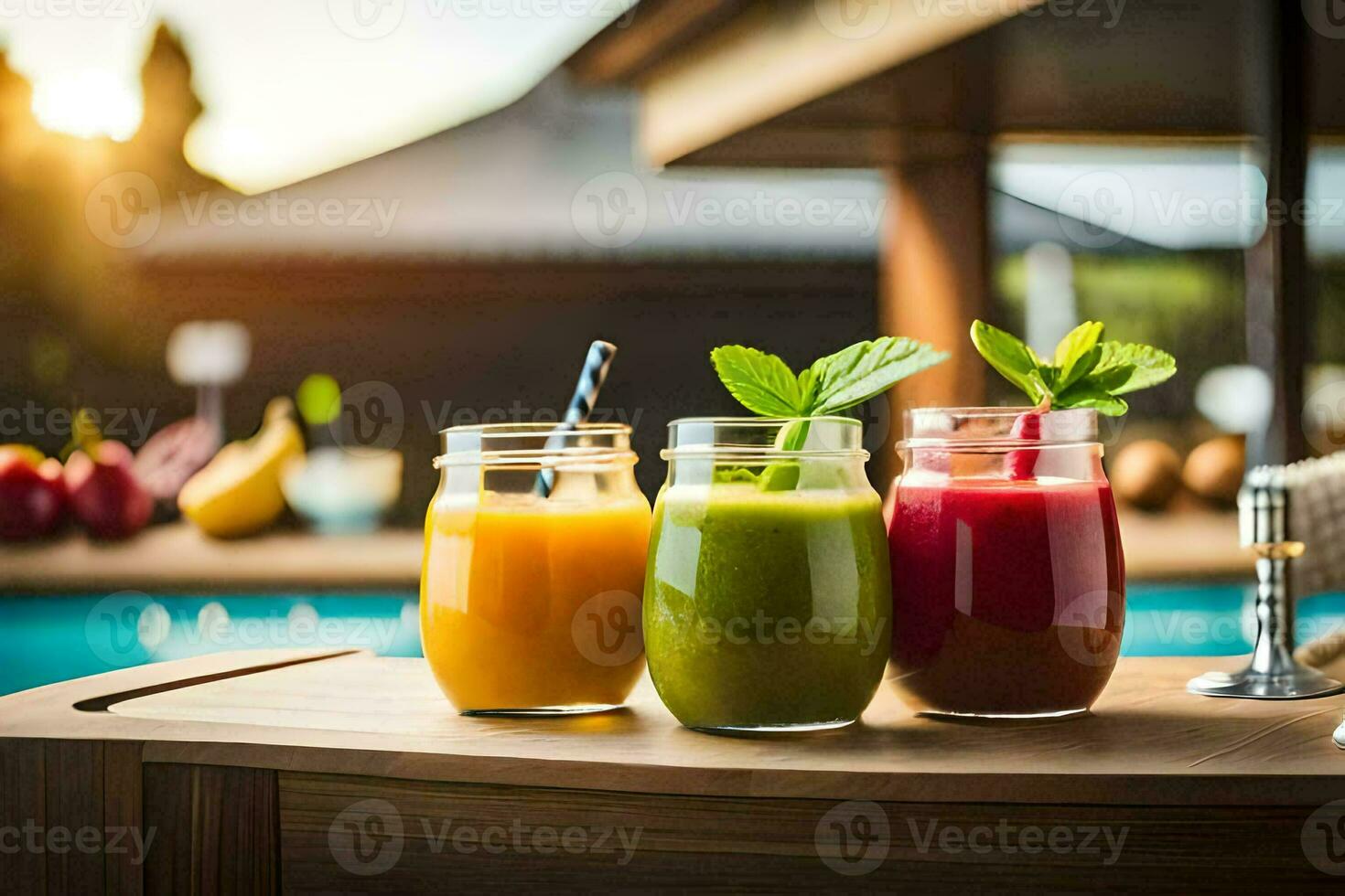 three different types of smoothies are sitting on a table. AI-Generated 33922549 Stock Photo at ...