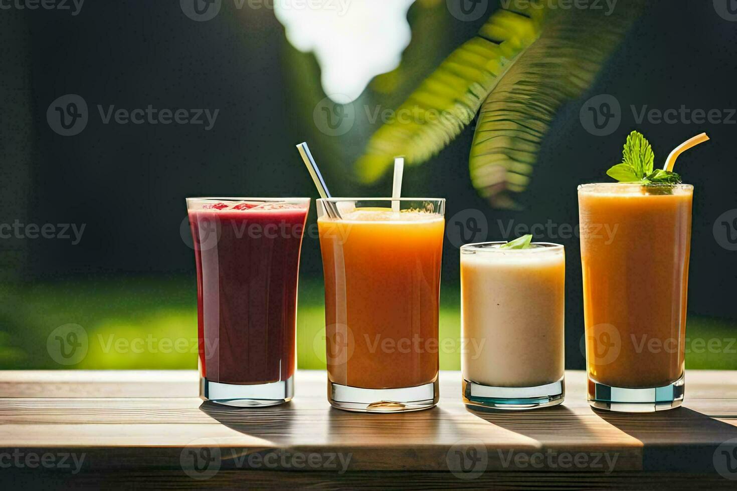 five different types of smoothies on a table. AI-Generated 33924654 Stock Photo at Vecteezy
