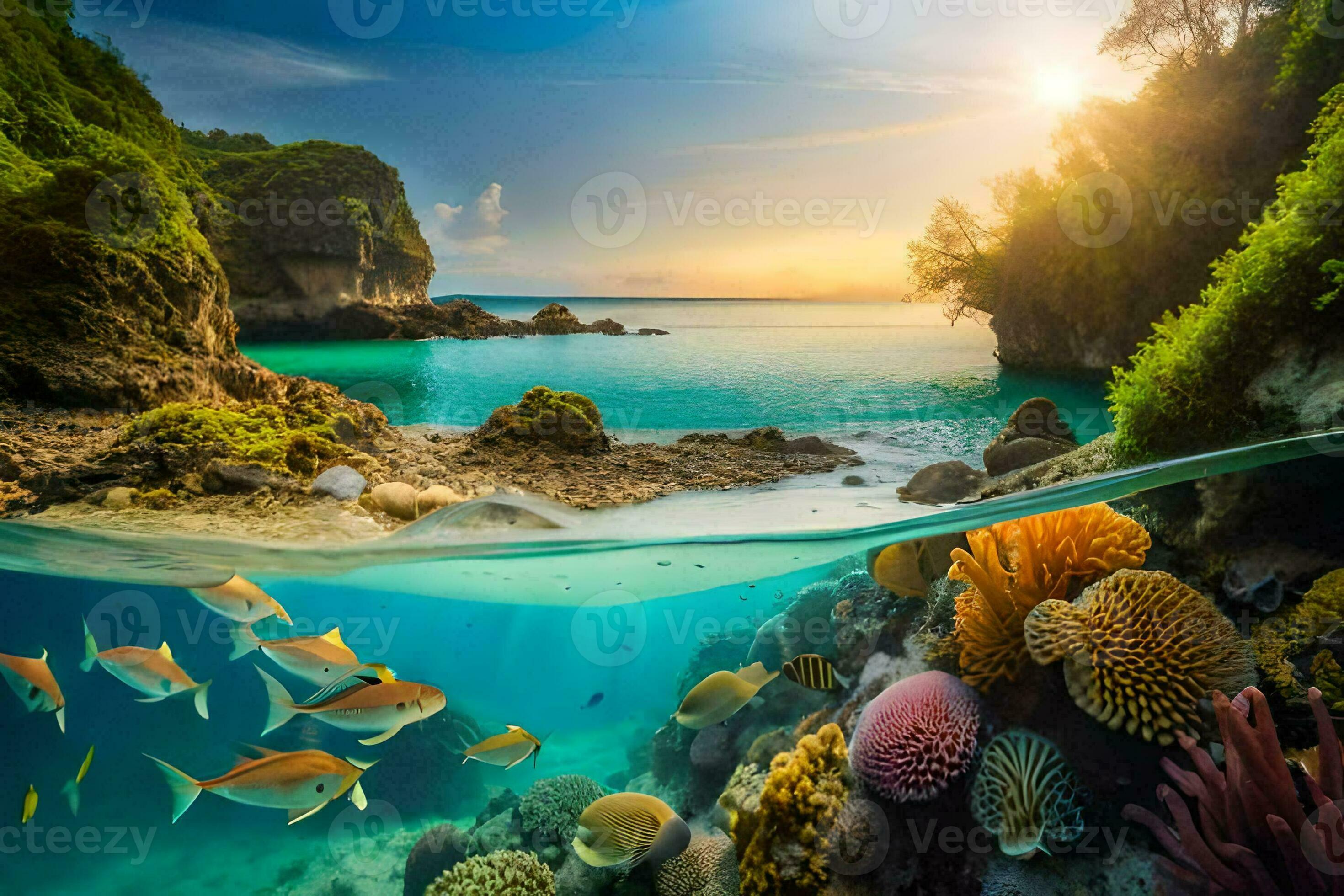 el Dom brilla terminado un coral arrecife y pez. generado por ai 33925557 Foto de stock en Vecteezy