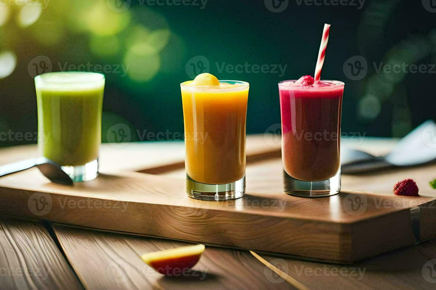three different types of smoothies on a wooden tray. AI-Generated 33927623 Stock Photo at Vecteezy