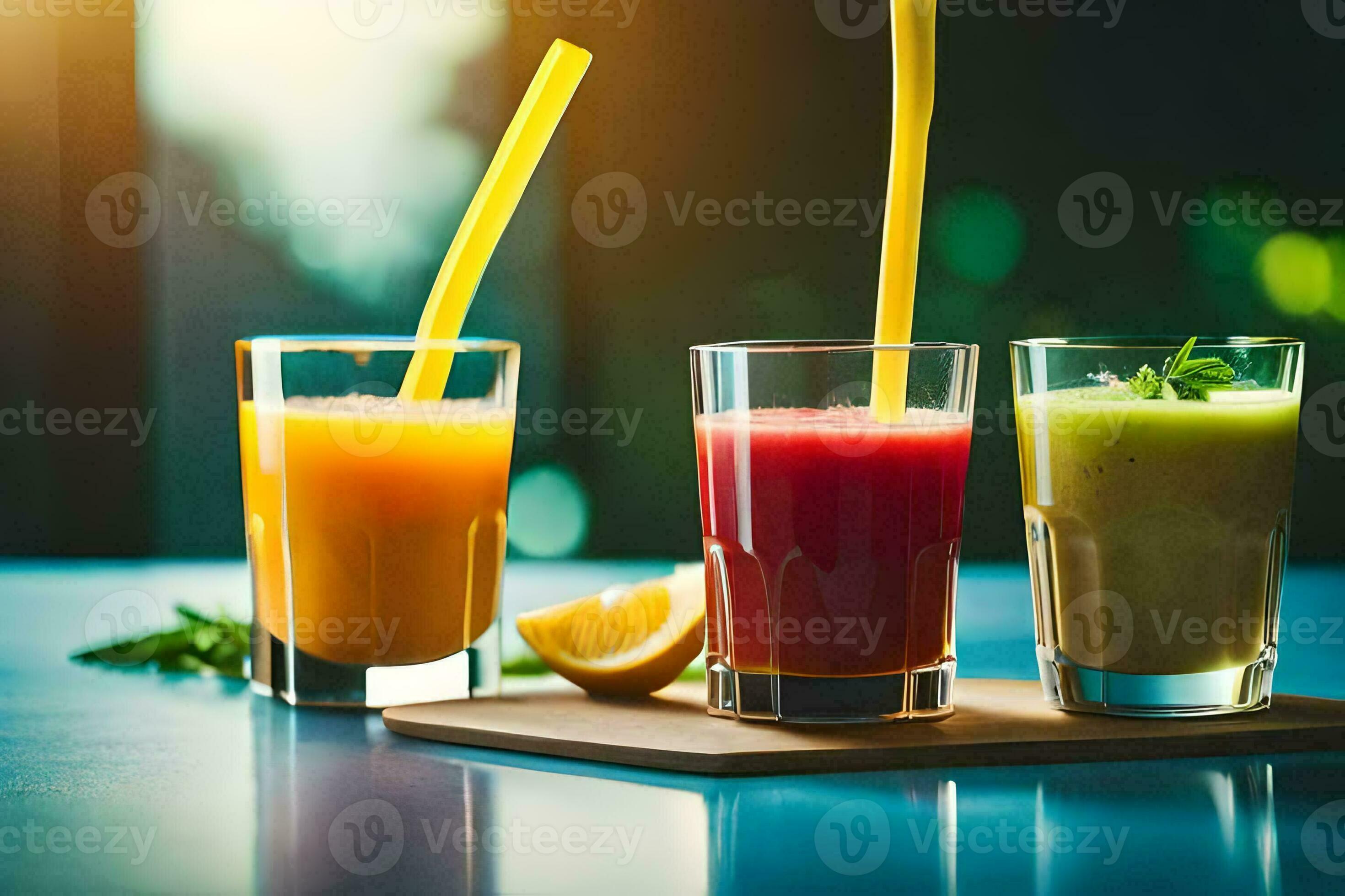 three glasses of juice with straws. AI-Generated 33930909 Stock Photo at Vecteezy