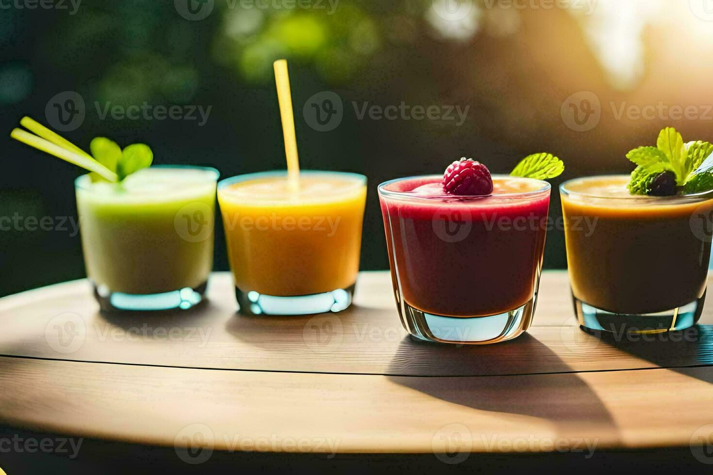 five different smoothies in glasses on a table. AI-Generated 33934492 Stock Photo at Vecteezy