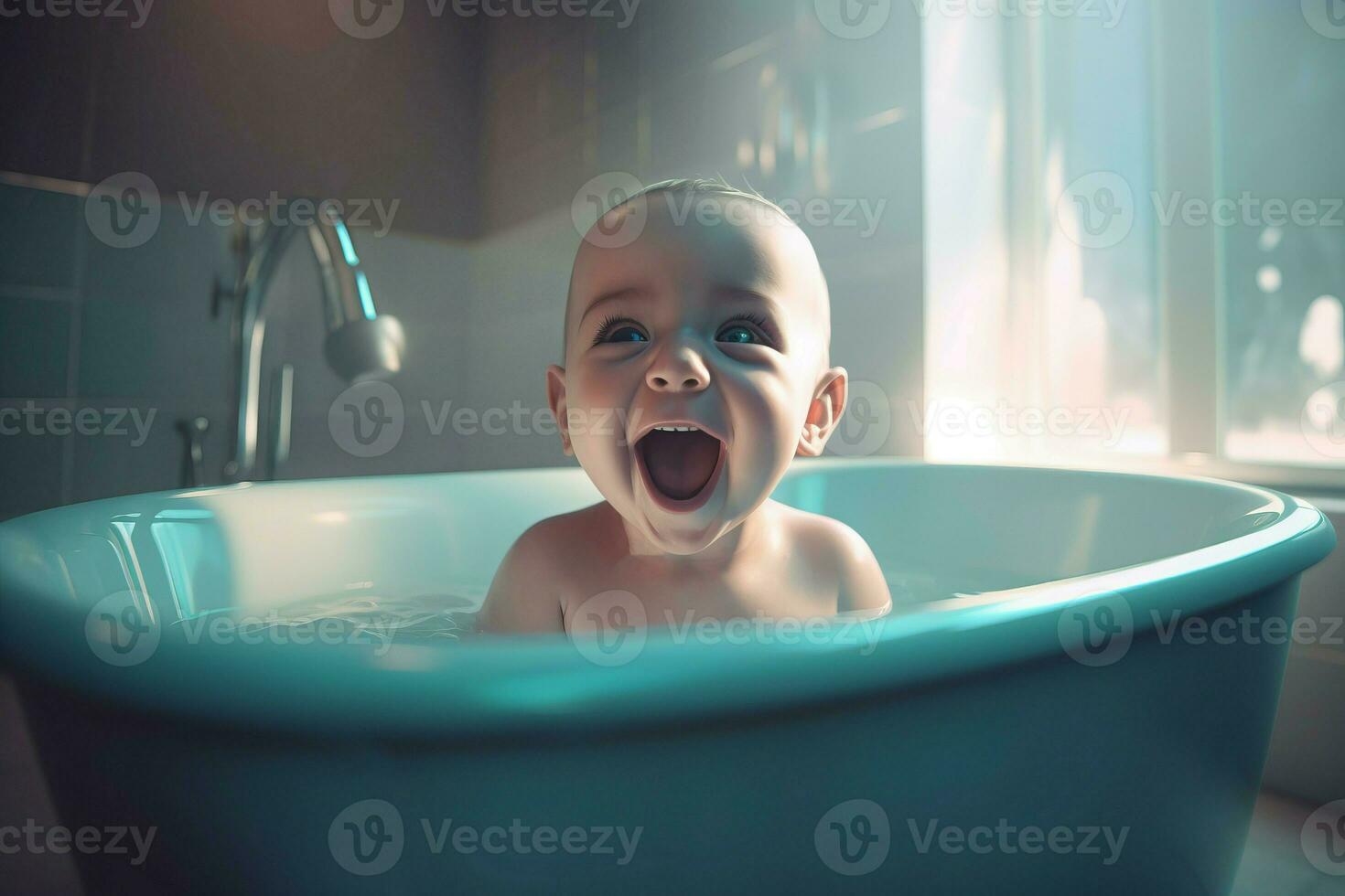 Baby laughs in bath tub near window. Generate Ai 33945228 Stock Photo ... Baby laughs in bath tub near window. Generate Ai 33945228 Stock Photo ...