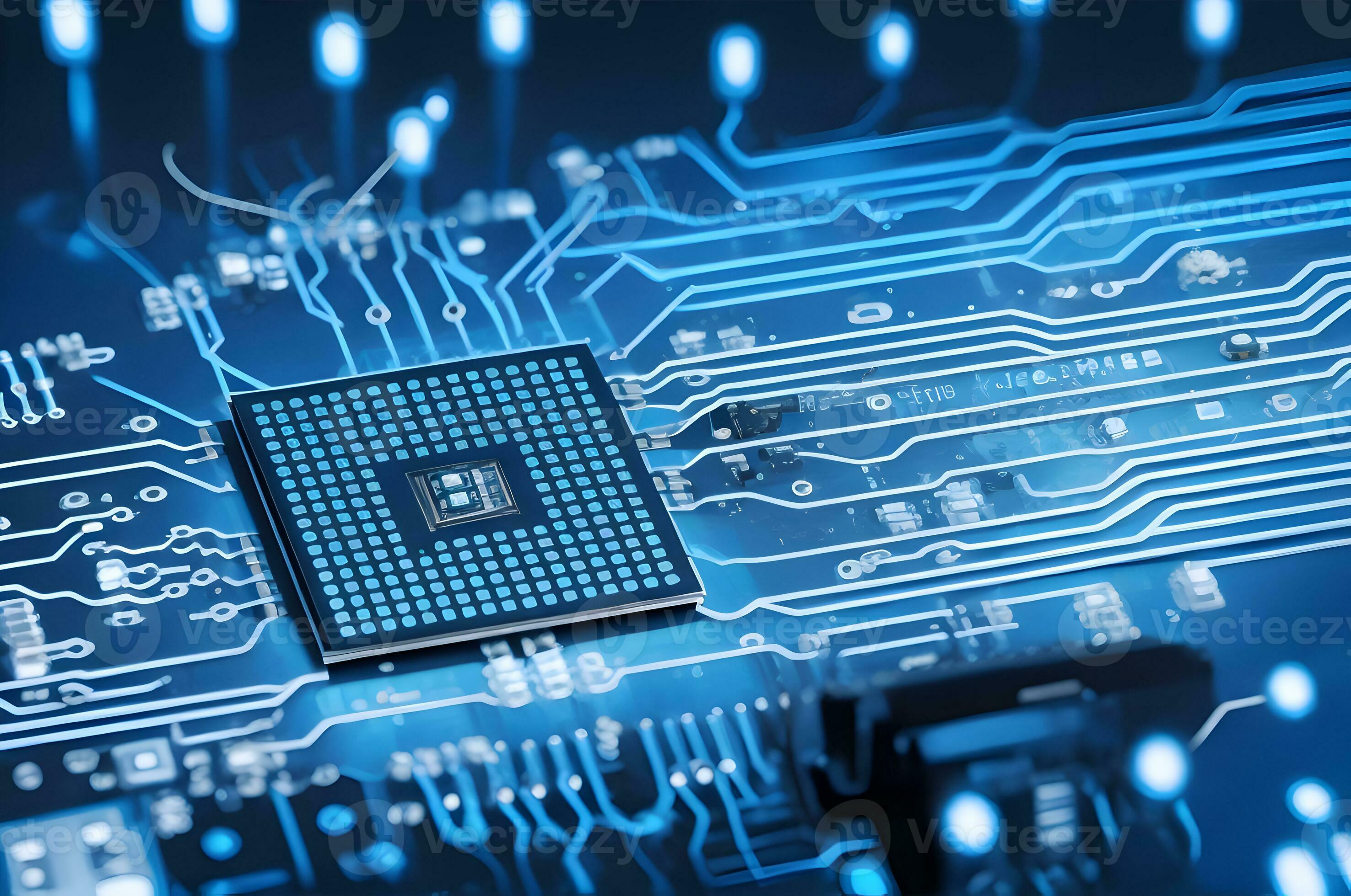 Integrated Microchip With Futuristic Circuit Board Texture With Glowing