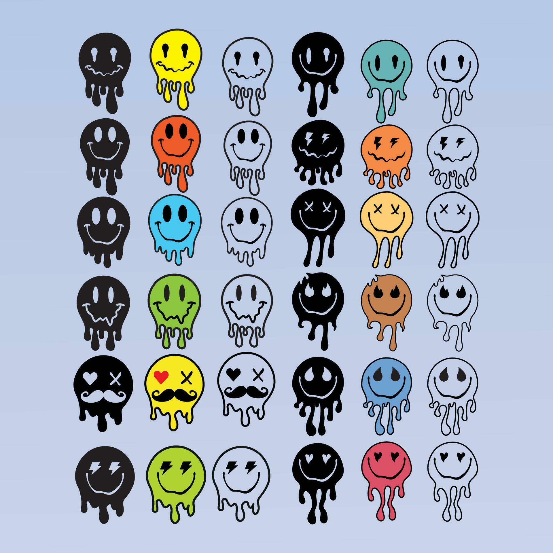 Groovy Melting Smiling Faces. Psychedelic Distorted Emoji Vector ...