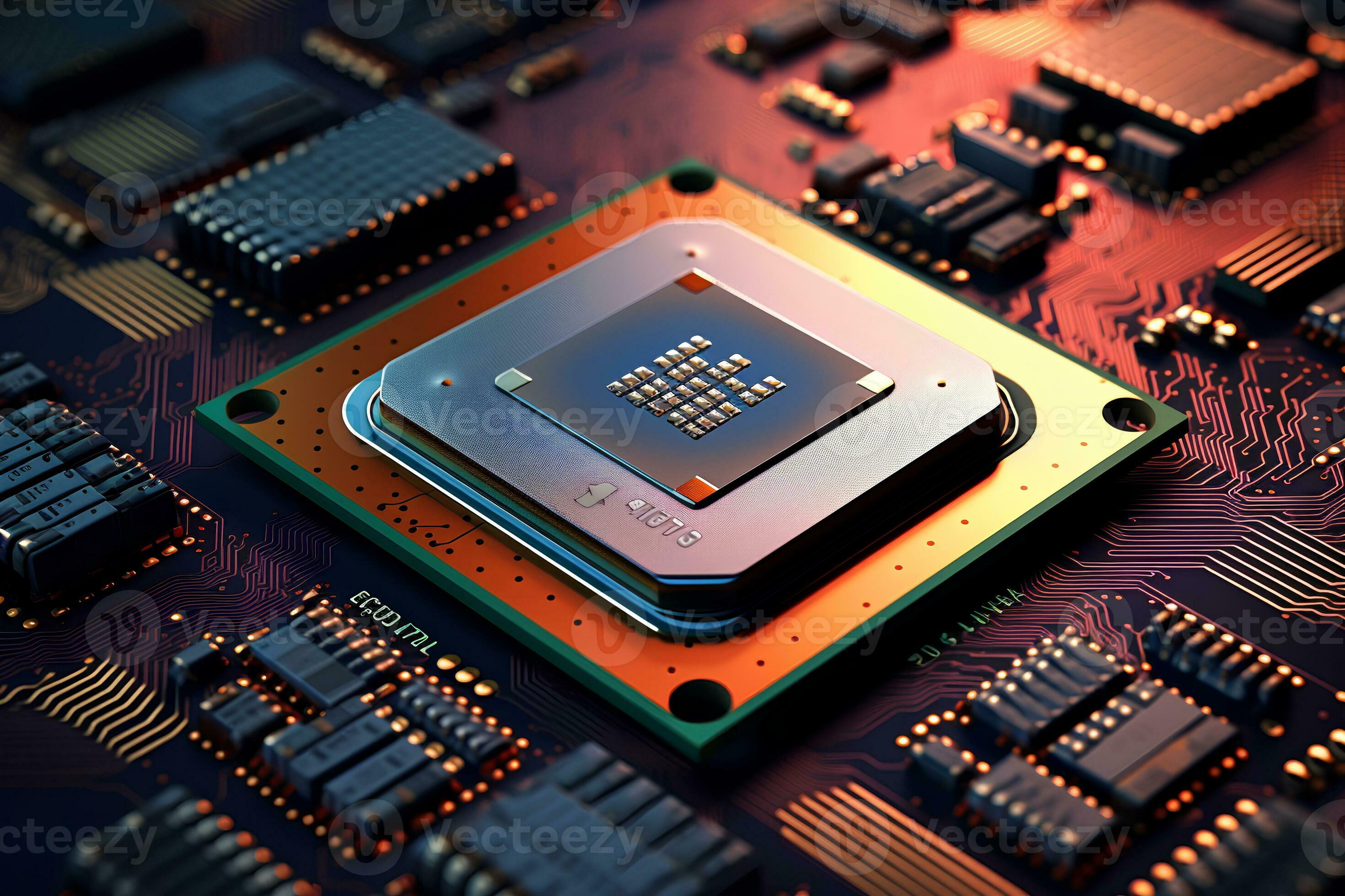 Detailed view of a contemporary circuit board with CPU, microchip, and ...