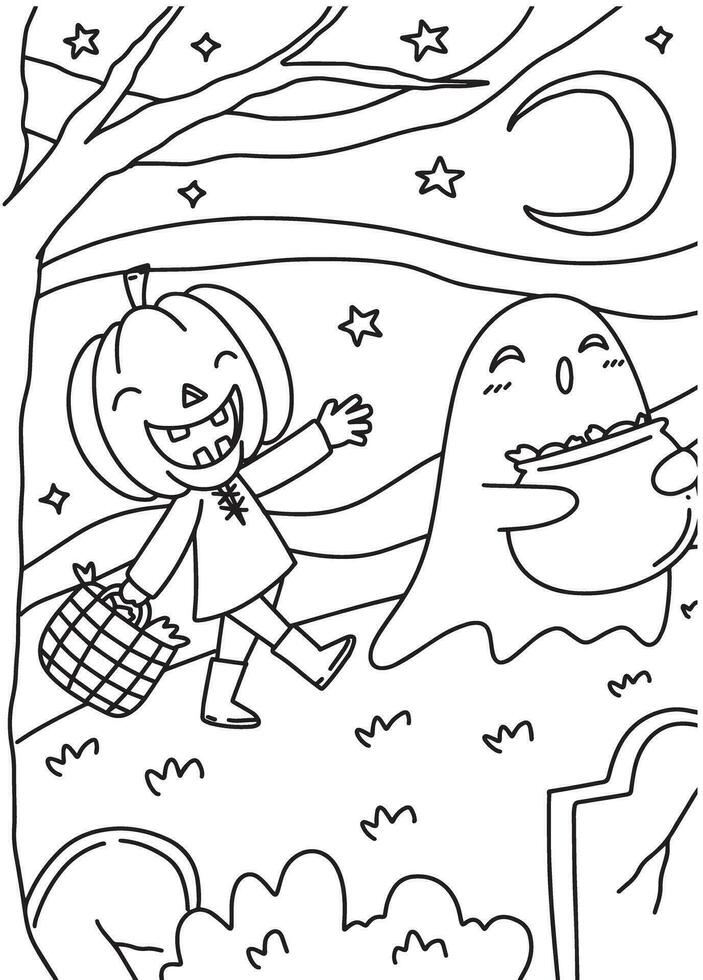 Halloween coloring page for kids. Cute pumpkin and ghost walking. Trick ...