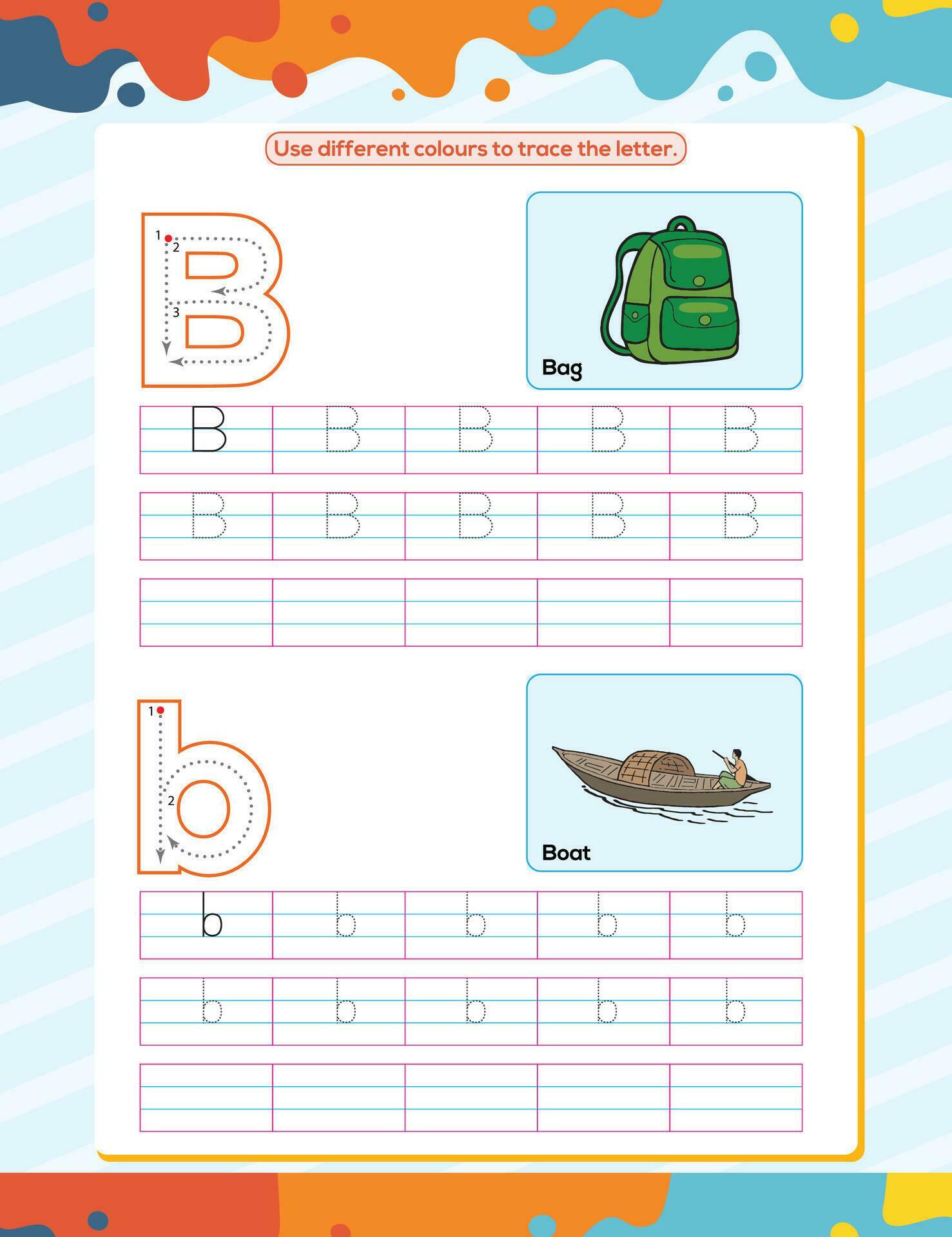 B alphabet tracing practice worksheet. Educational coloring book page ...