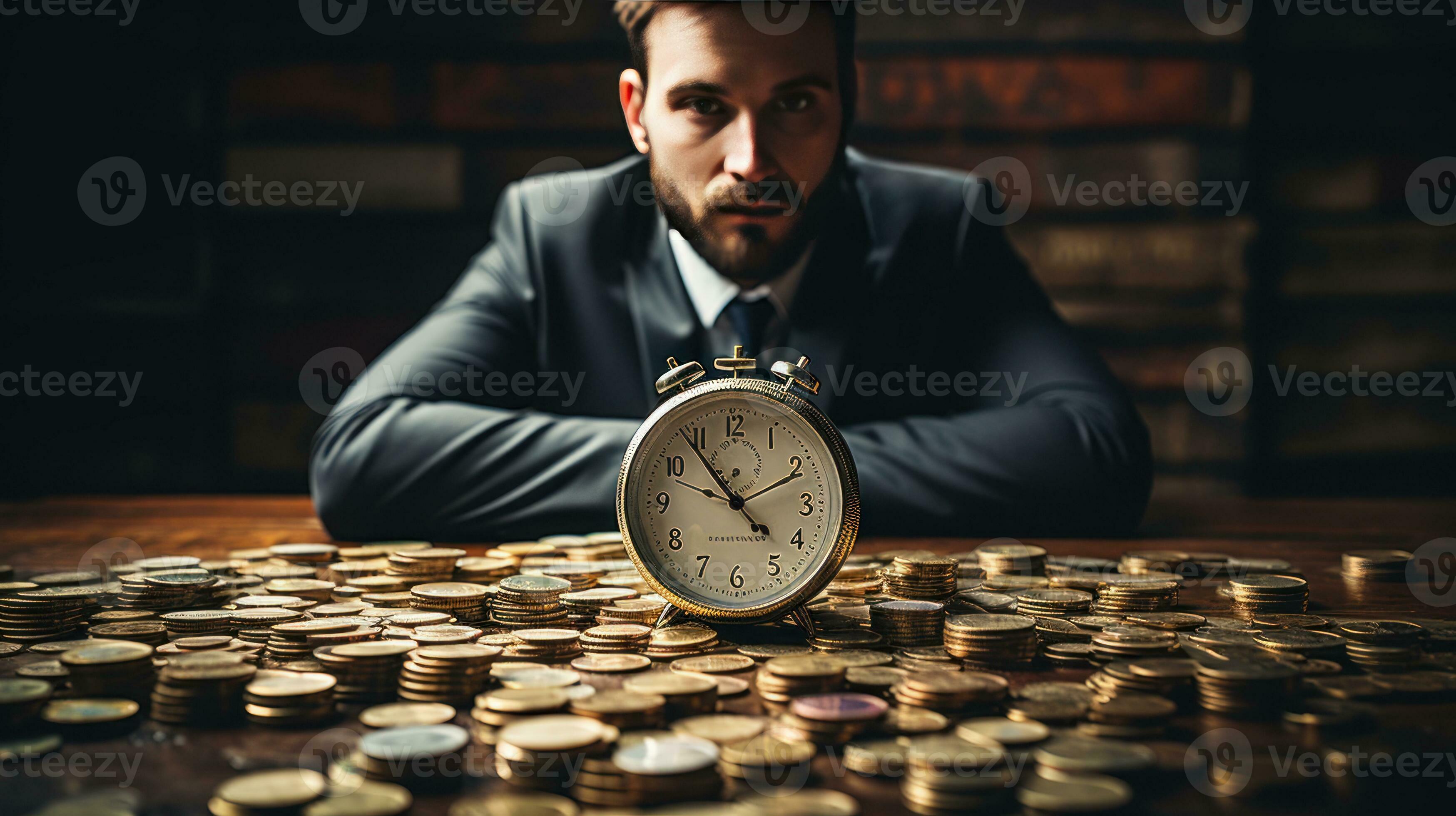 Clock and pile of money on wooden table with overworked businessman The concept of overtime and ...