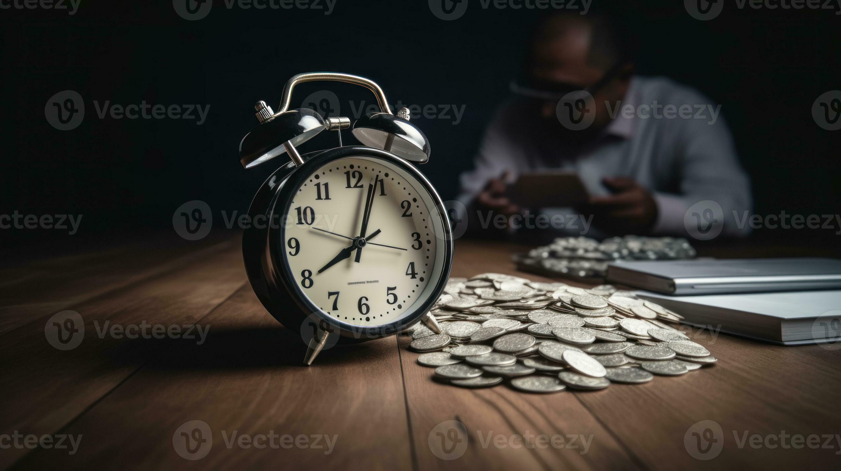 Clock and pile of money on wooden table with overworked businessman The concept of overtime and ...