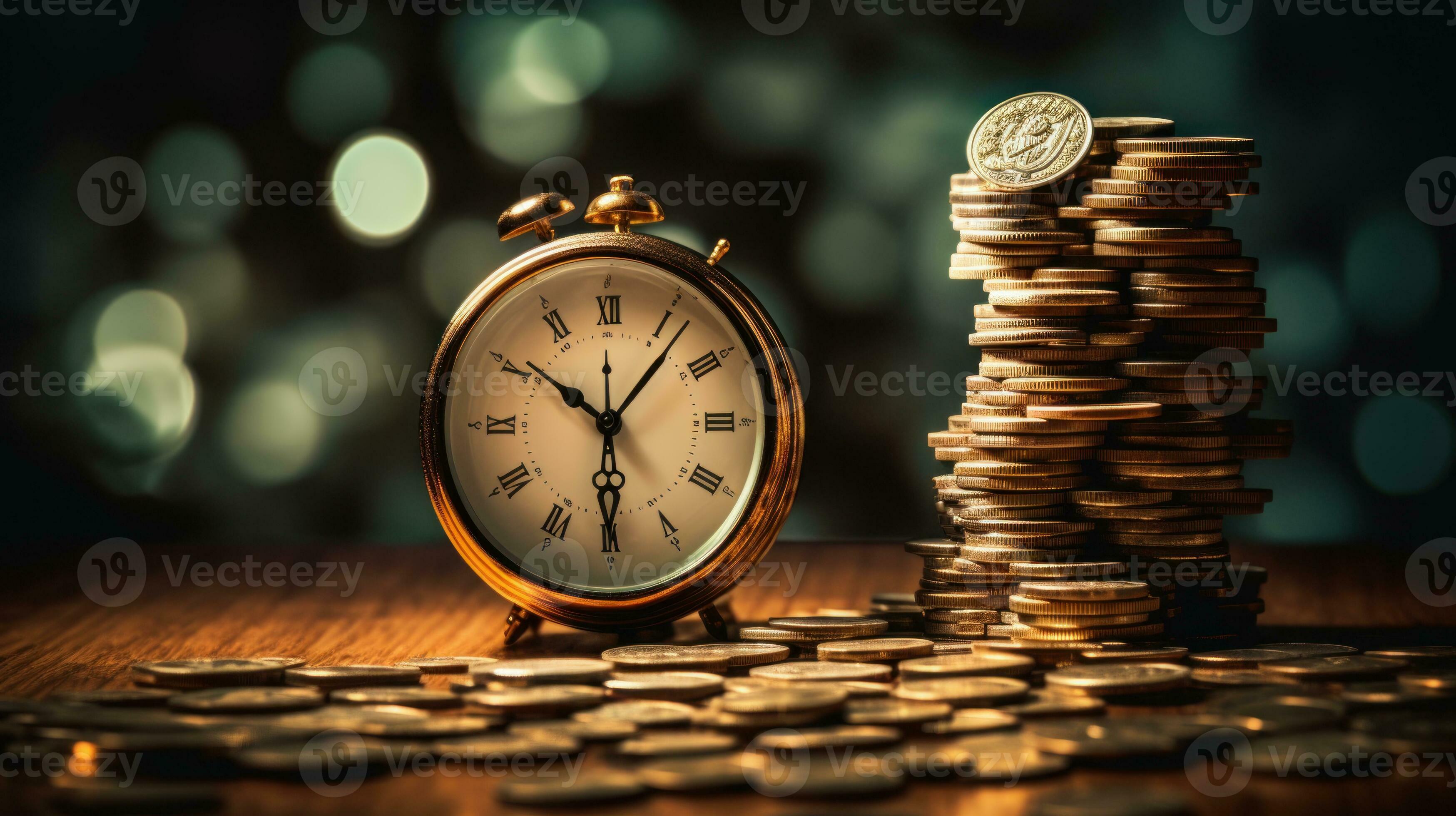 Clock and pile of money on wooden table with overworked businessman The concept of overtime and ...