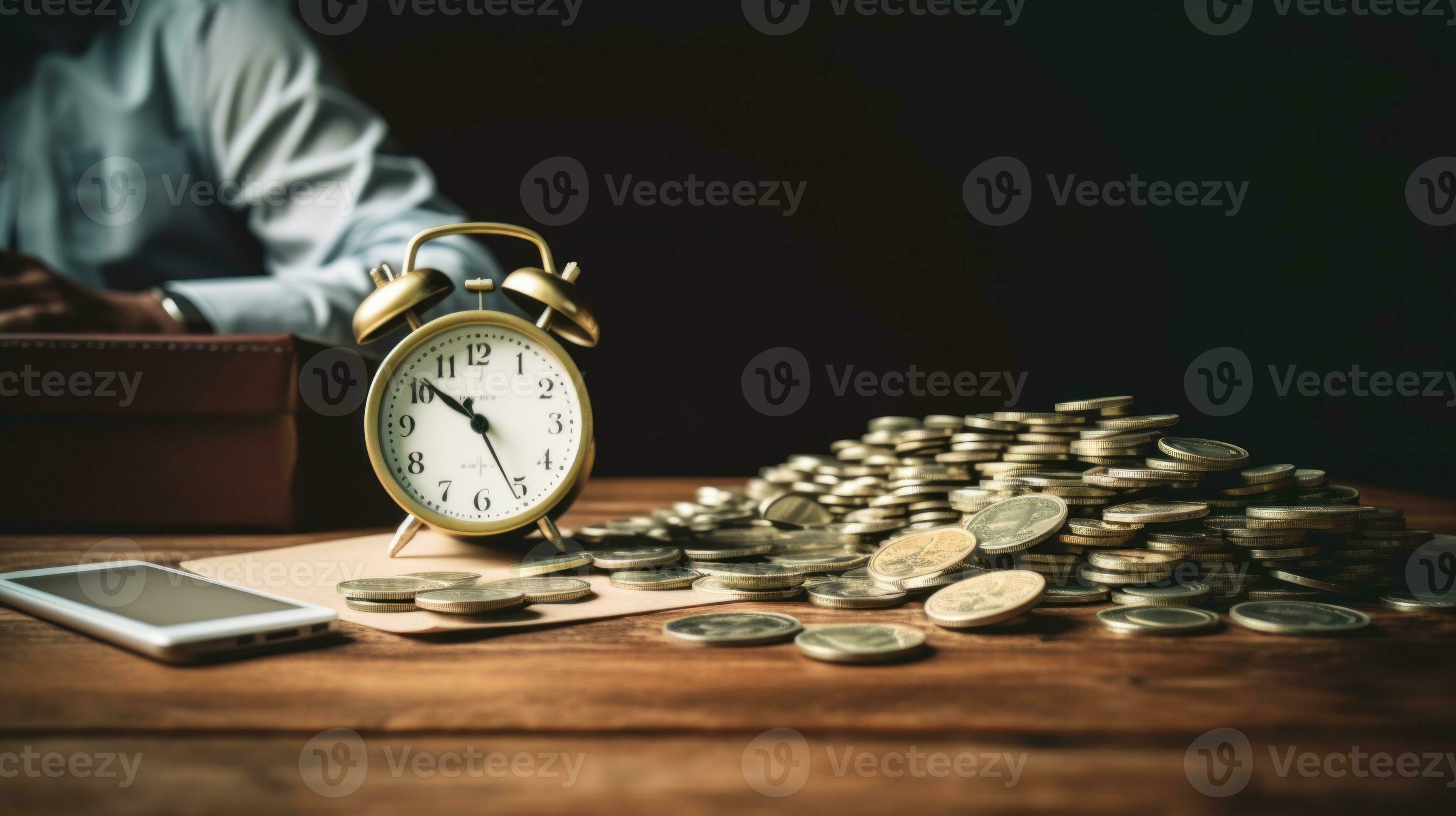 Clock and pile of money on wooden table with overworked businessman The concept of overtime and ...