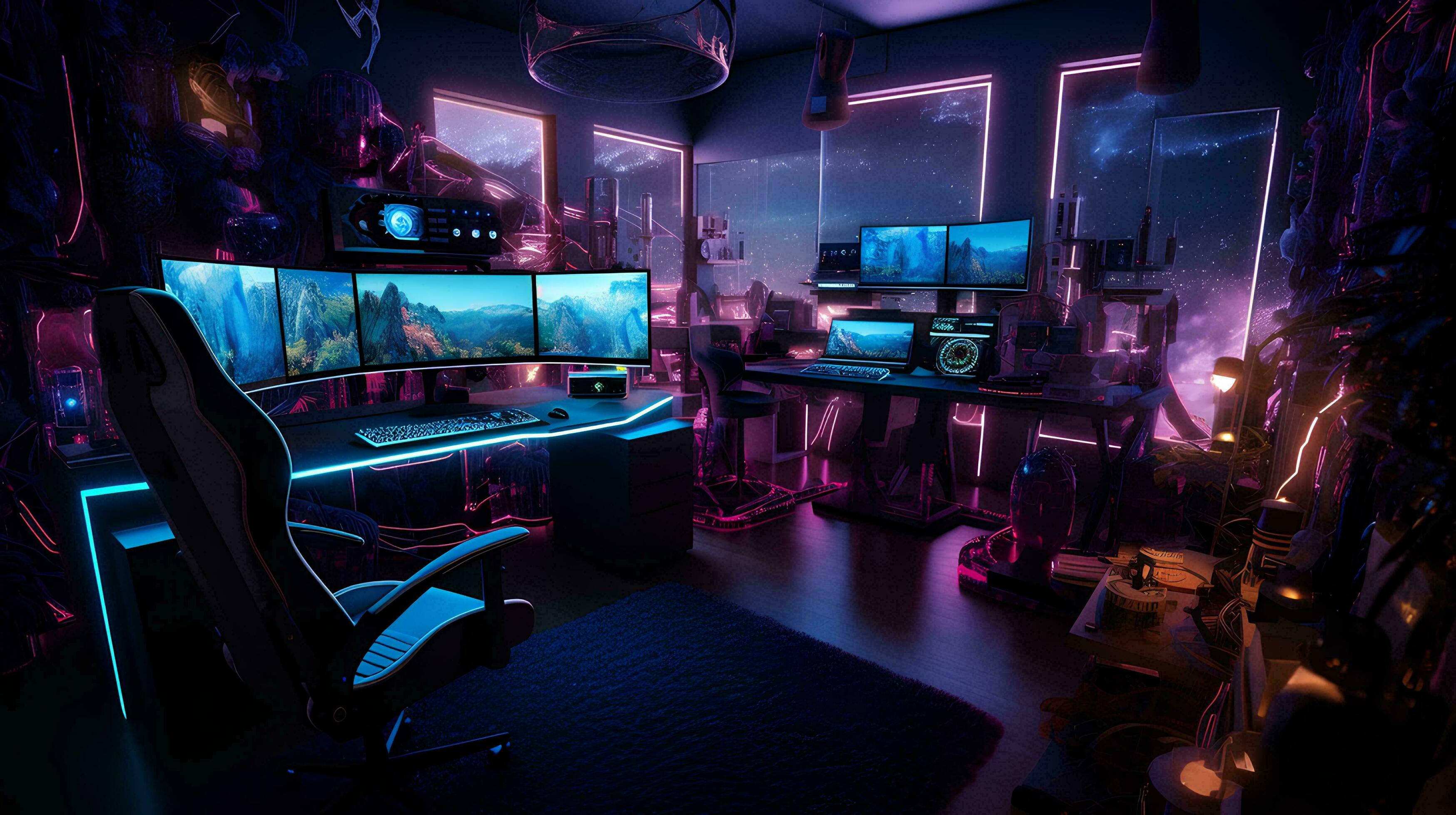 a computer room with a desk and two monitors, AI Generative 34039469 ...