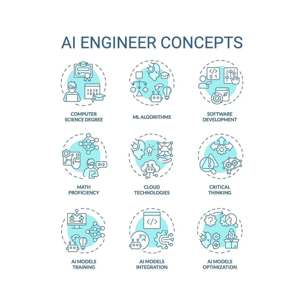 Set Of 2d Editable Blue Thin Line Icons Representing Ai Engineer