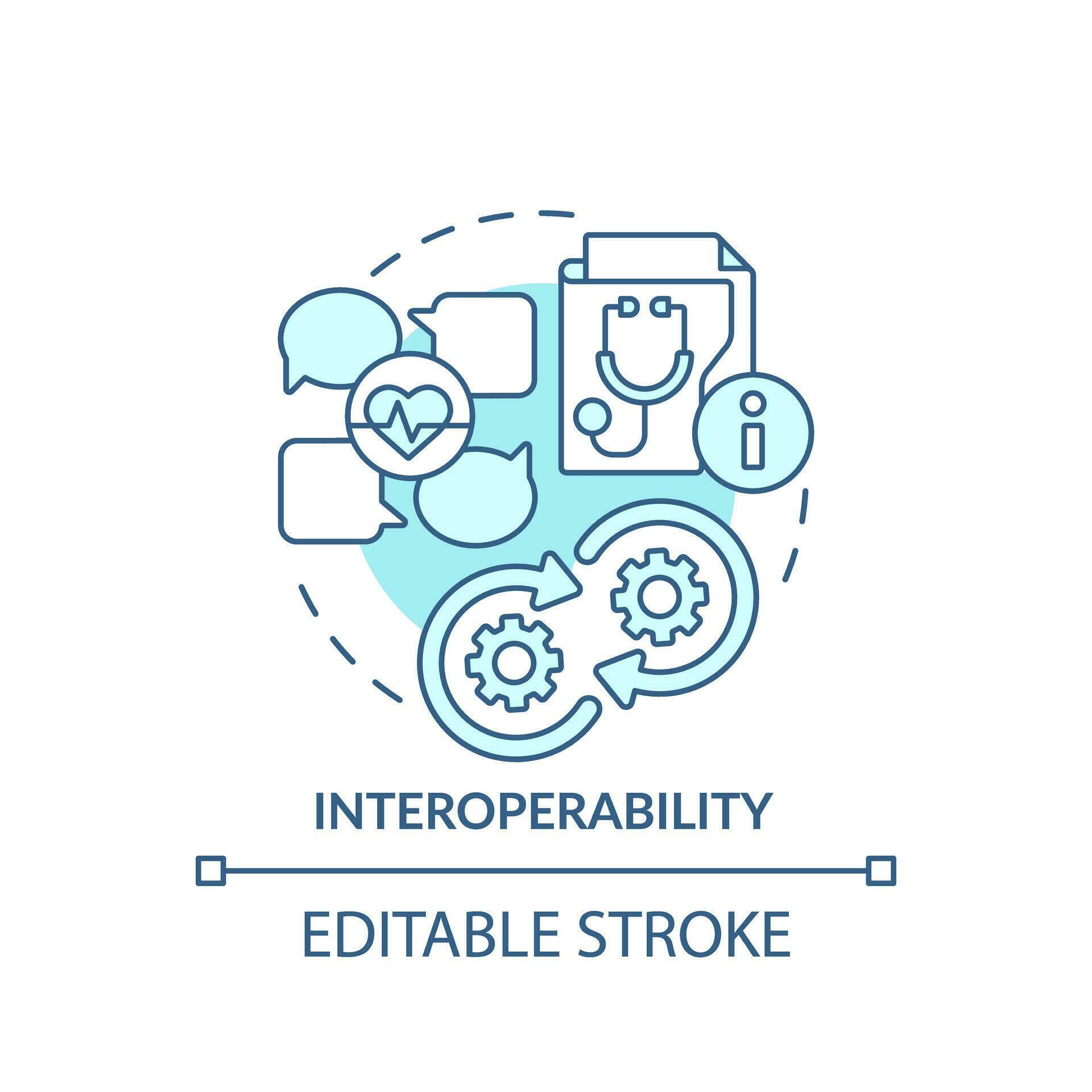 2D editable blue icon interoperability concept, isolated monochromatic ...