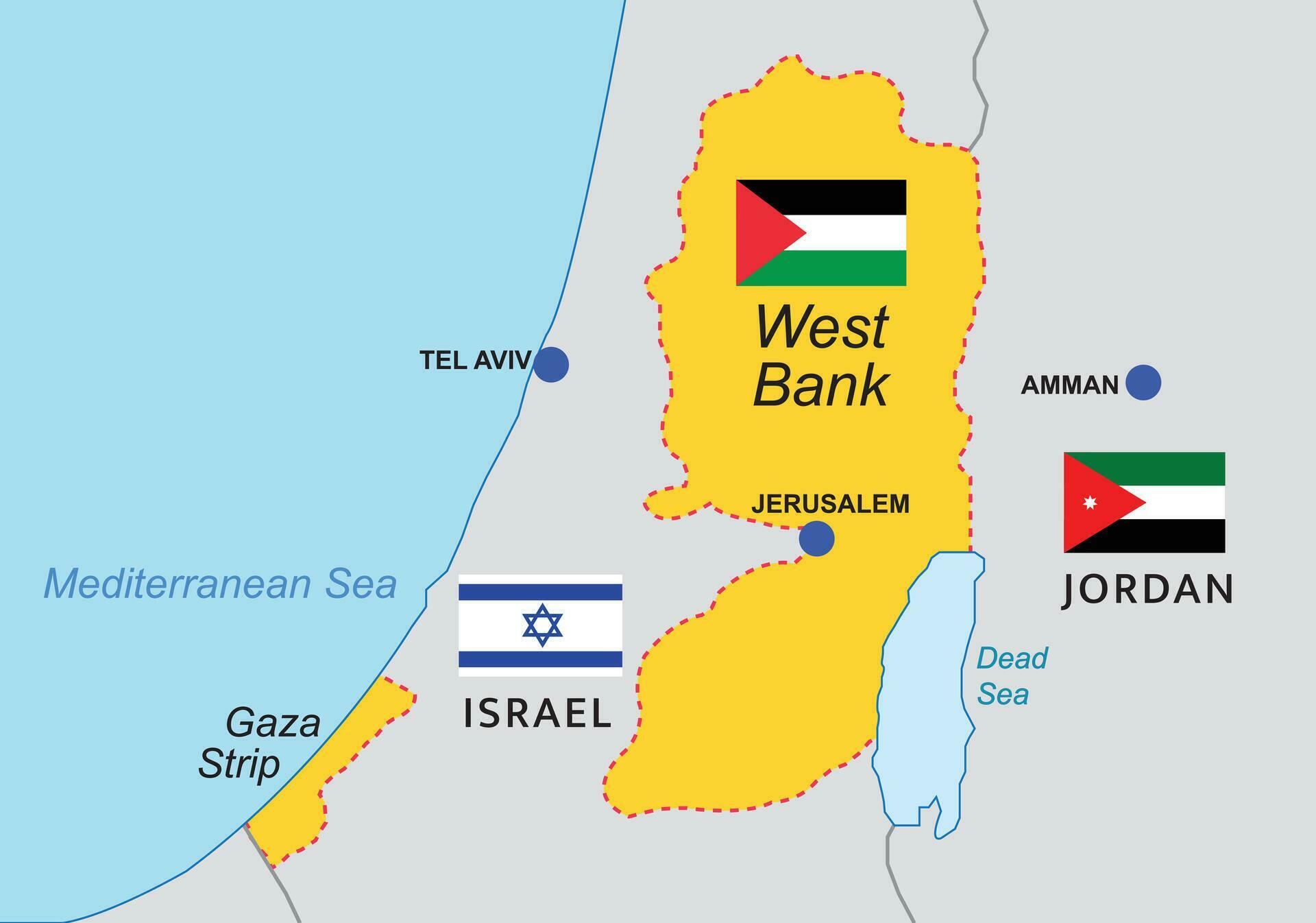 West Bank and Gaza Strip territory map. Palestinian exclave on the eastern coast of the ...