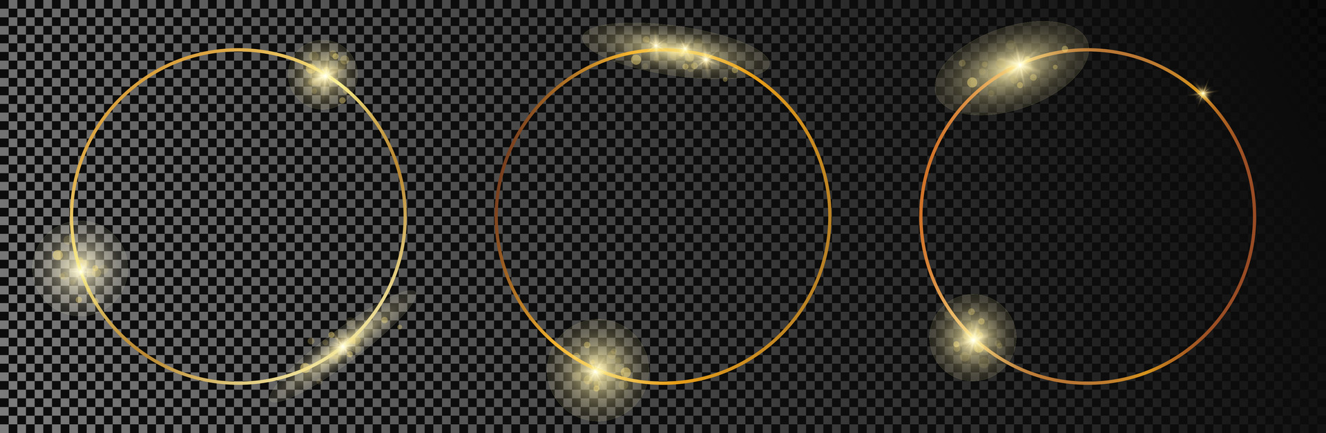 Set of three gold glowing circle frames isolated on dark background ...