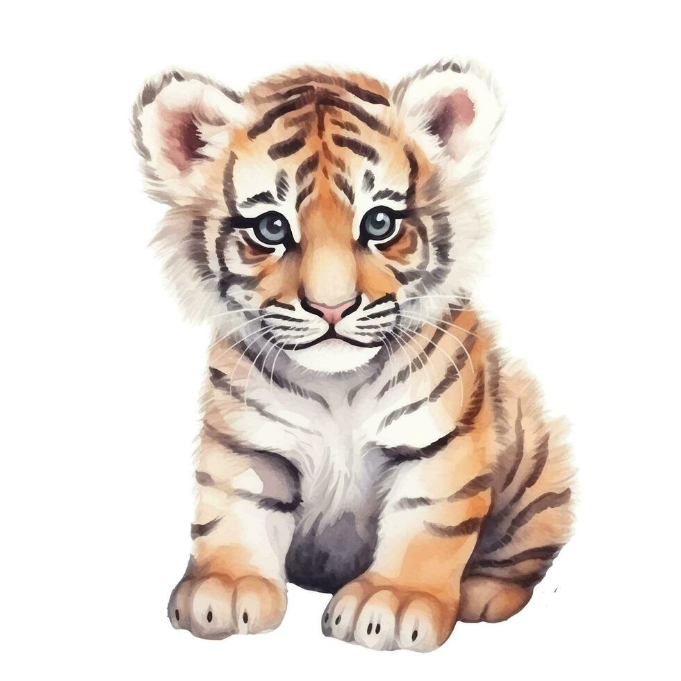 Watercolor baby tiger. Vector illustration with hand drawn tiger animal ...