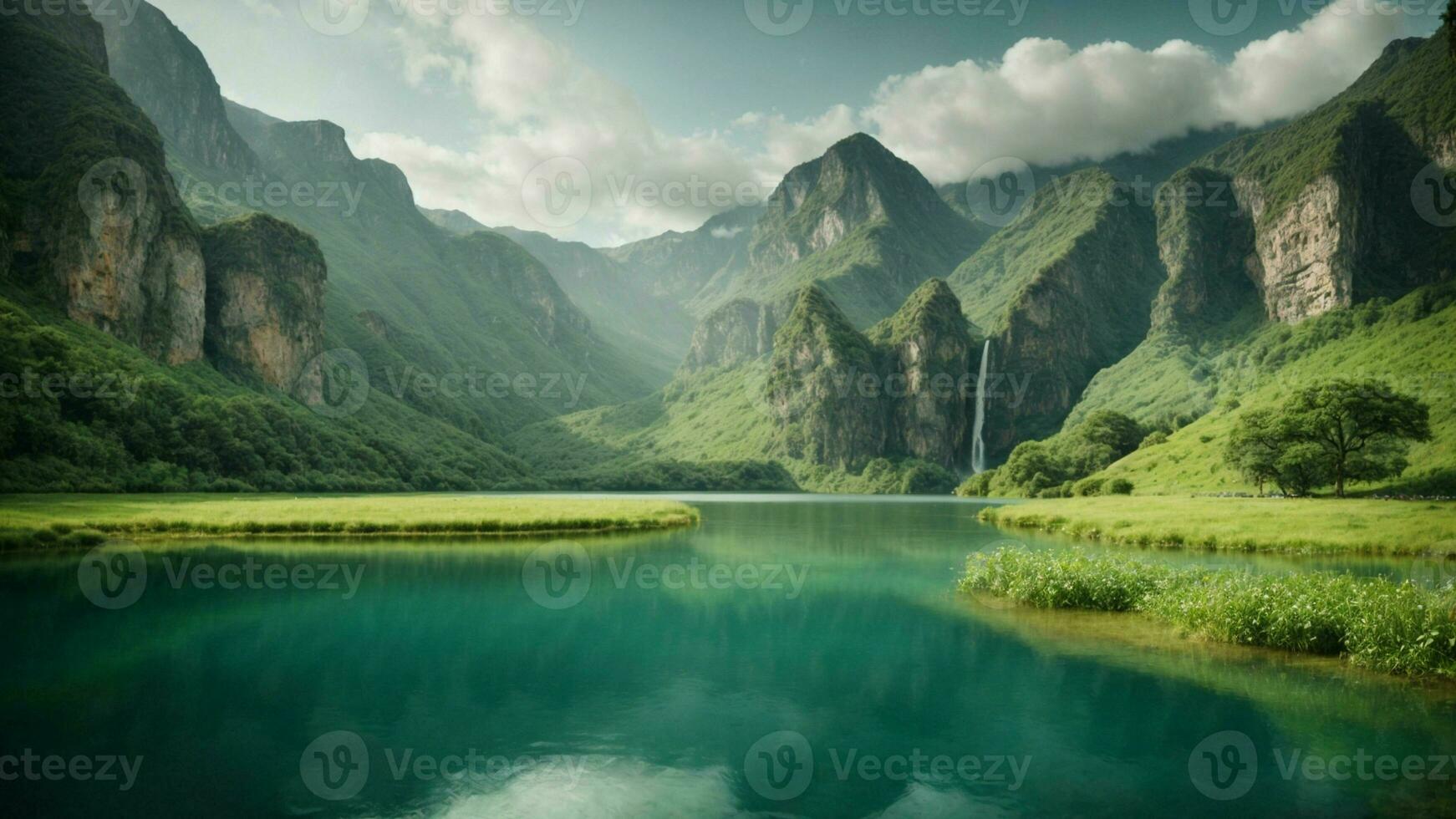 A serene, tranquil lake nestled in a verdant valley, surrounded by ...