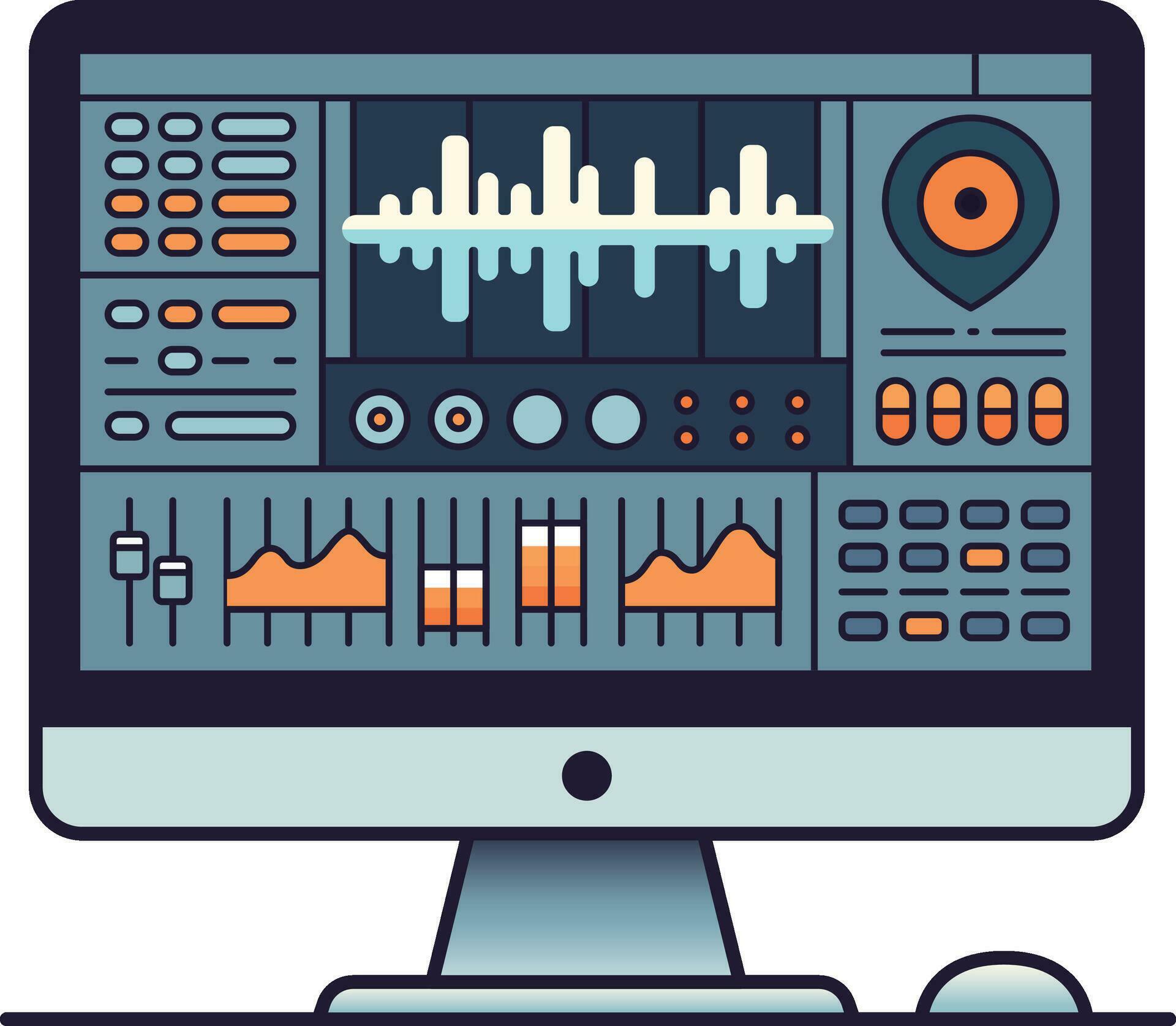 Computer monitor, with a detailed audio editing software interface open ...