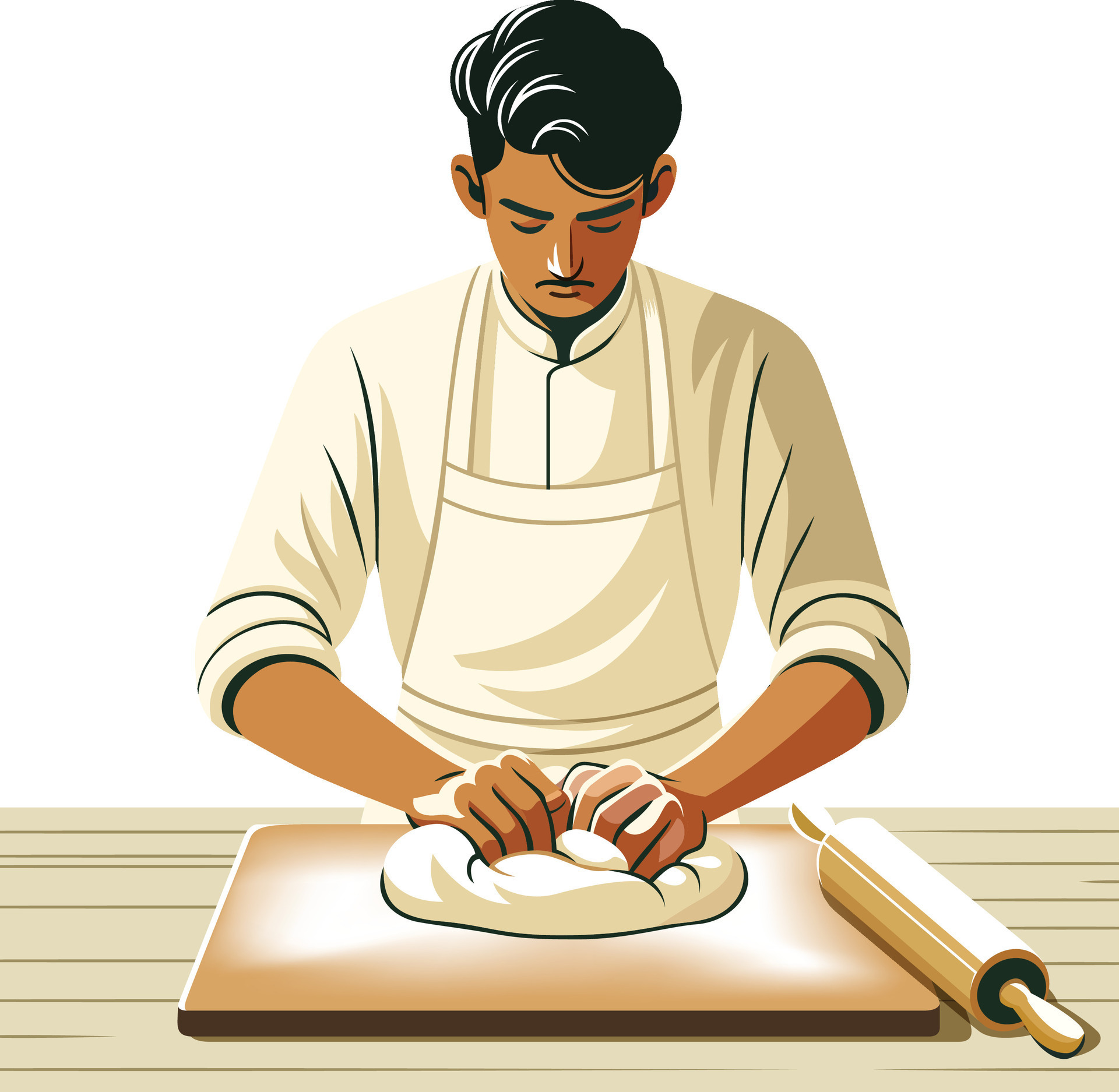 Baker, South Asian descent, kneading dough on a floured bakery counter vector illustration ...