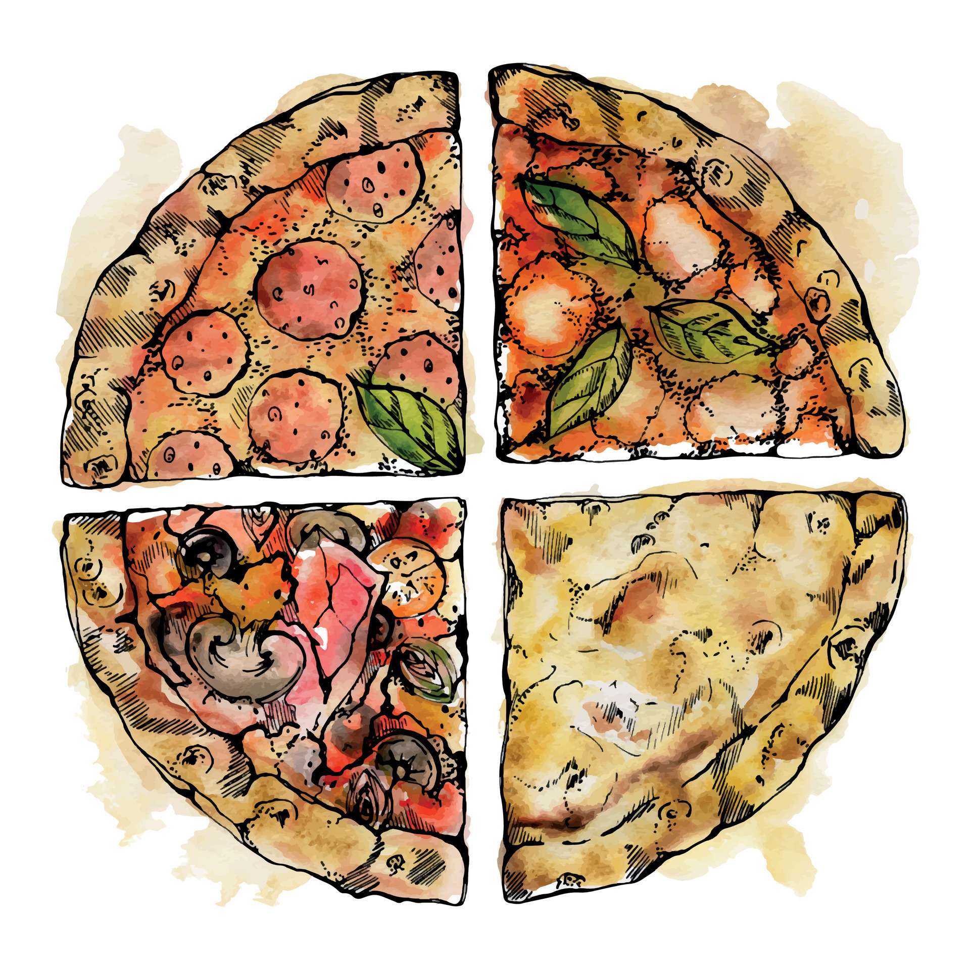 Hand drawn watercolor ink illustration. Pizza slice with toppings, traditional Italian cuisine ...
