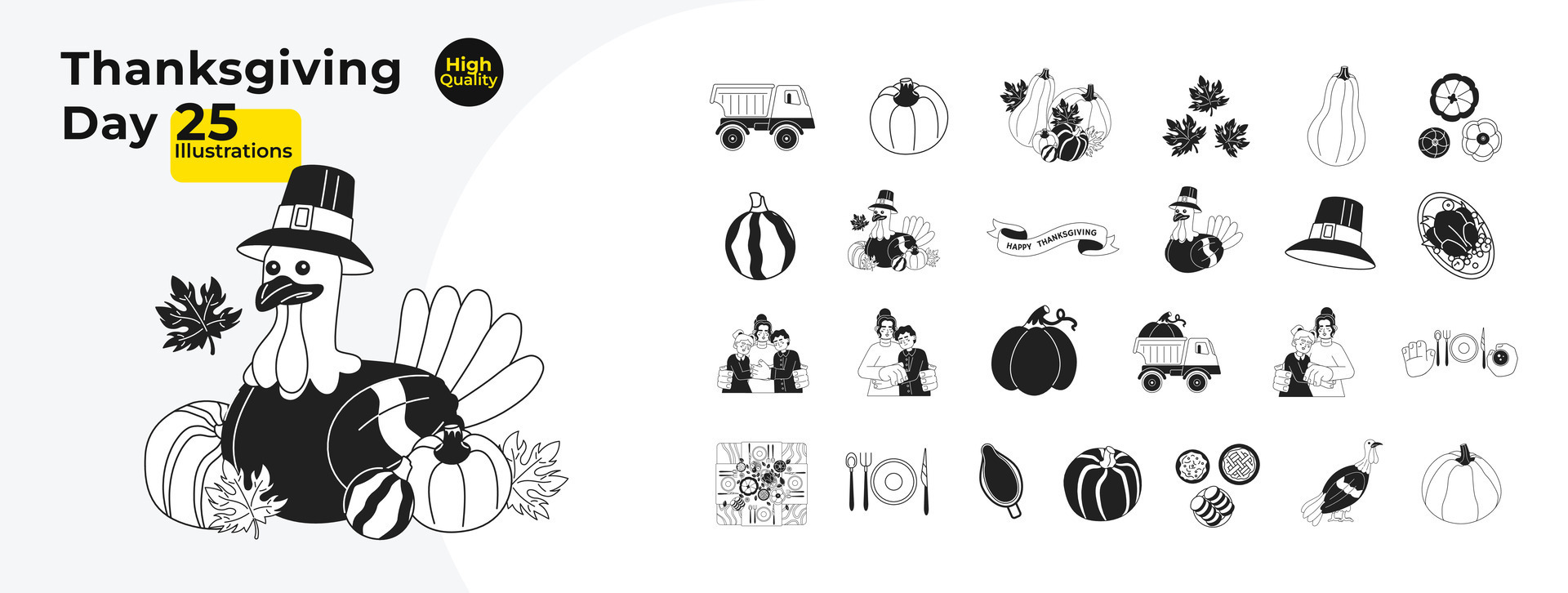 Thanksgiving Day Black And White Cartoon Flat Illustration Bundle Pilgrim Turkey Bird Fall