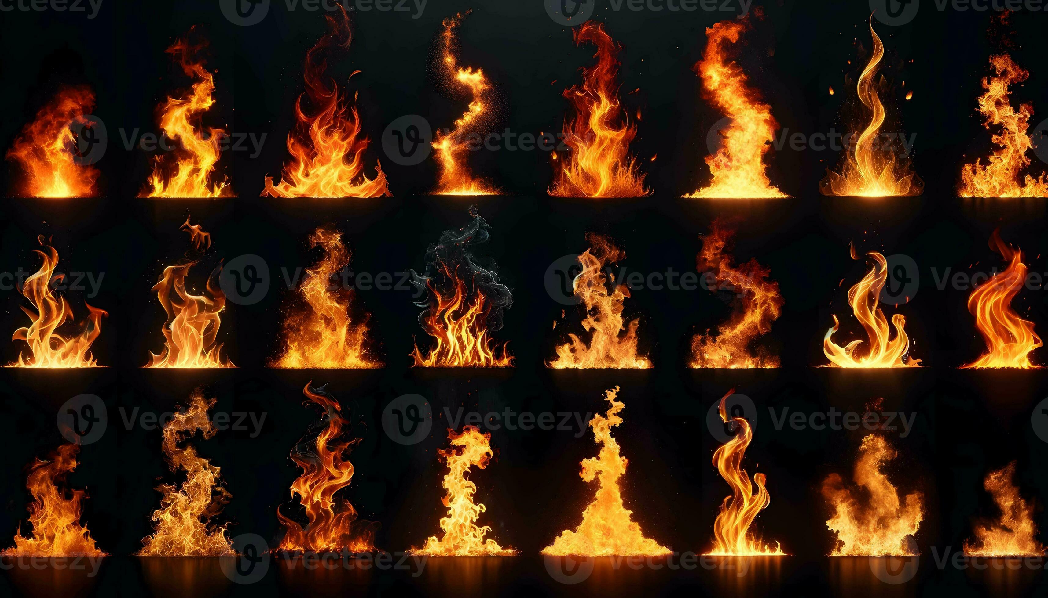 Fire flame effect illustration collection on black background, ai ...