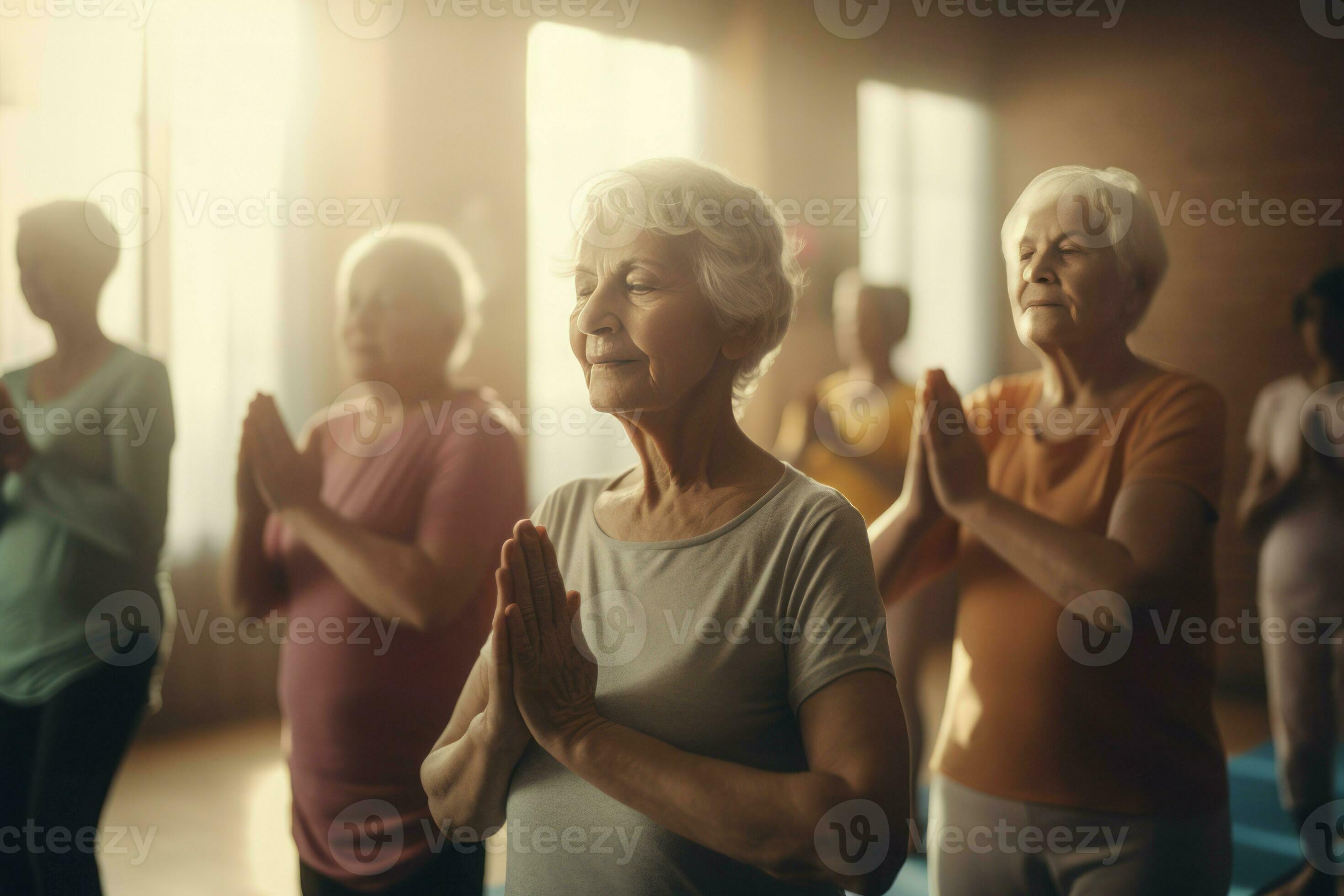 Active elderly people yoga indoor senior. Generate Ai 34080092 Stock Photo at Vecteezy