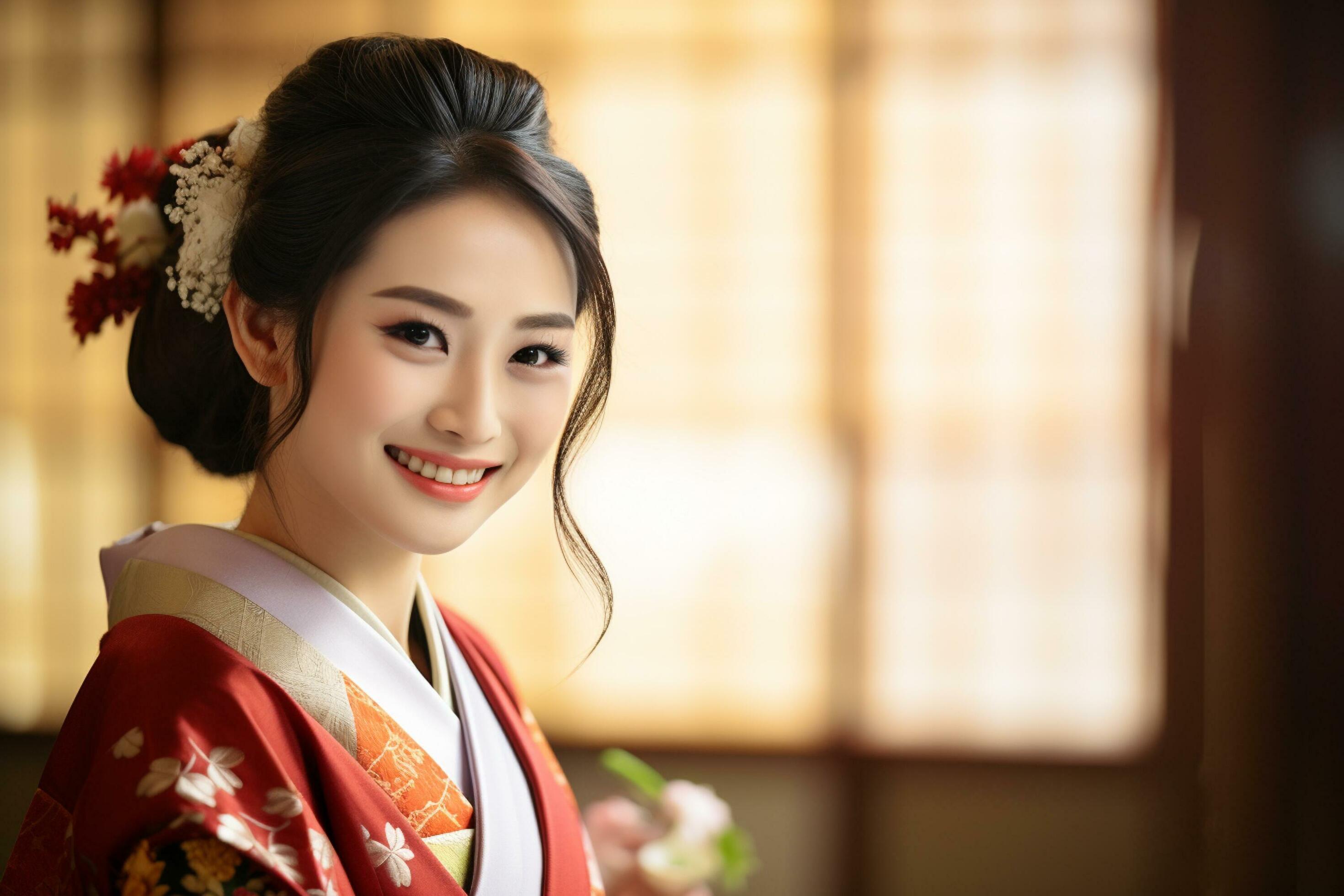 Beautiful Japanese Nationality Female Smiling And Wearing Kimono