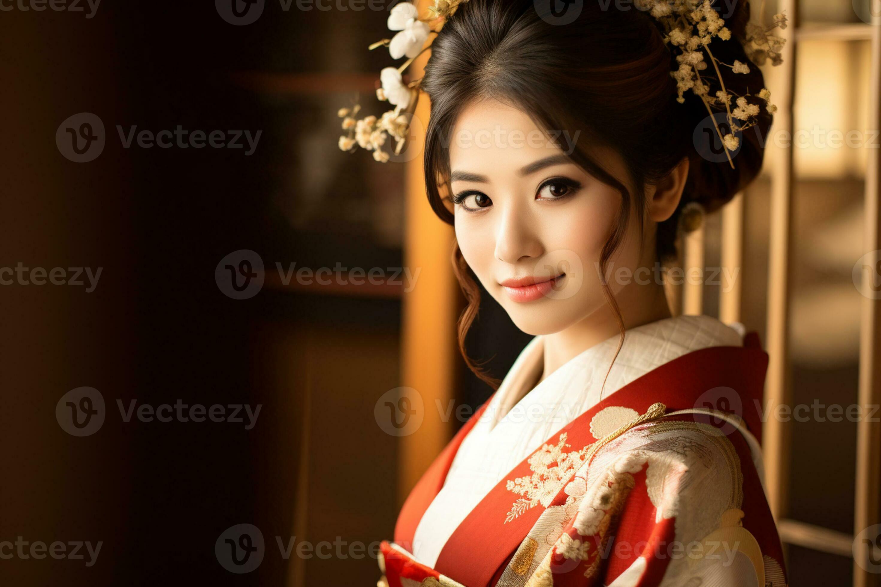 Beautiful Japanese Nationality Female Smiling And Wearing Kimono