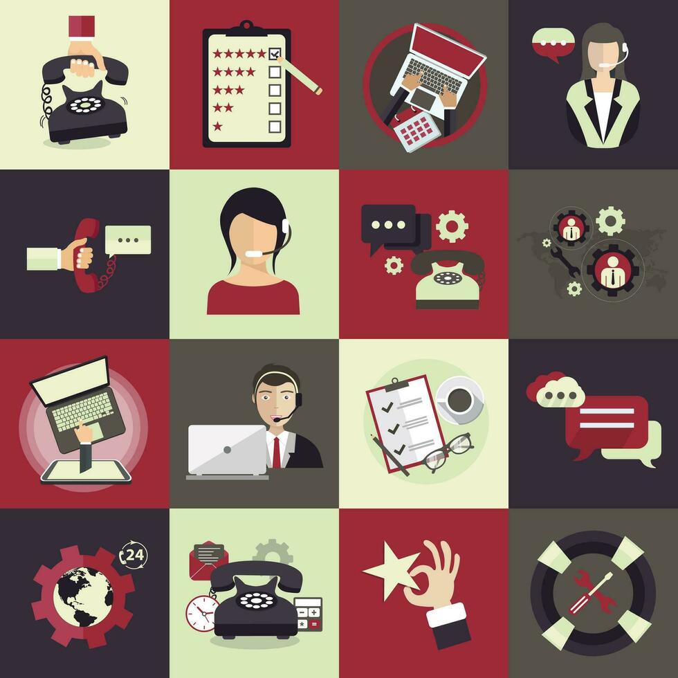 Support Service Icon Set Technical Support Assistant In Office And Customer Review Icon Set
