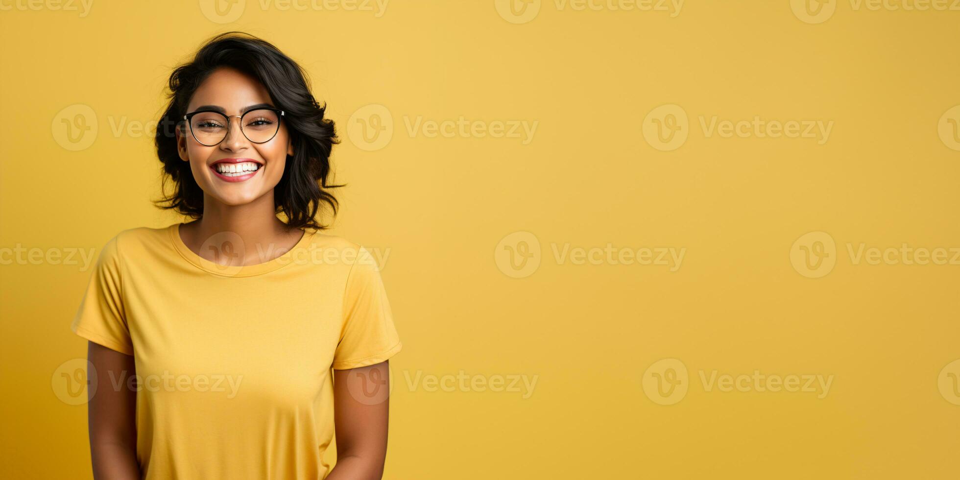 Ai Generative Attractive Woman Wearing Yellow Tshirt And Glasses Isolated On Yellow Background