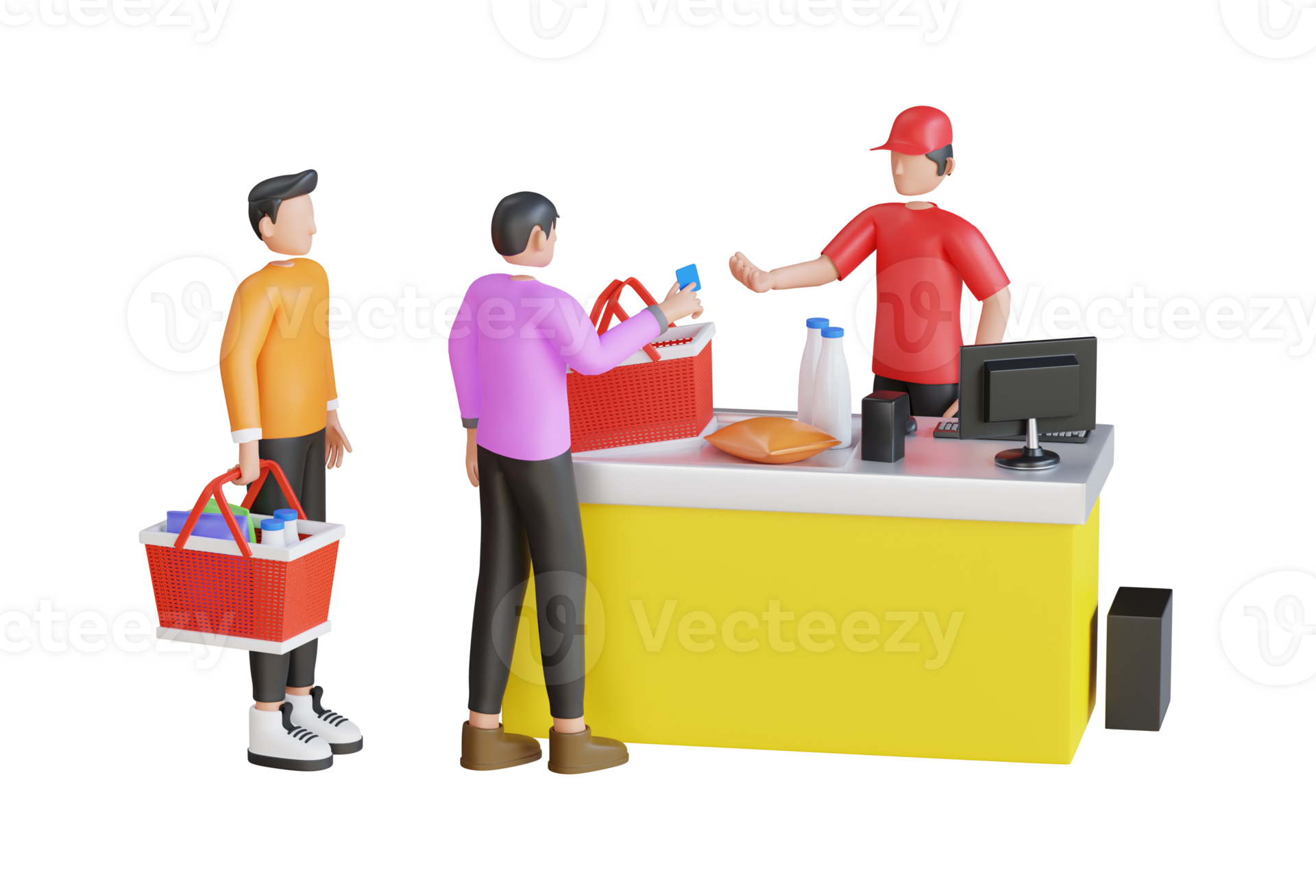 3d illustration of people standing in queue at store checkout counter. People in grocery store ...