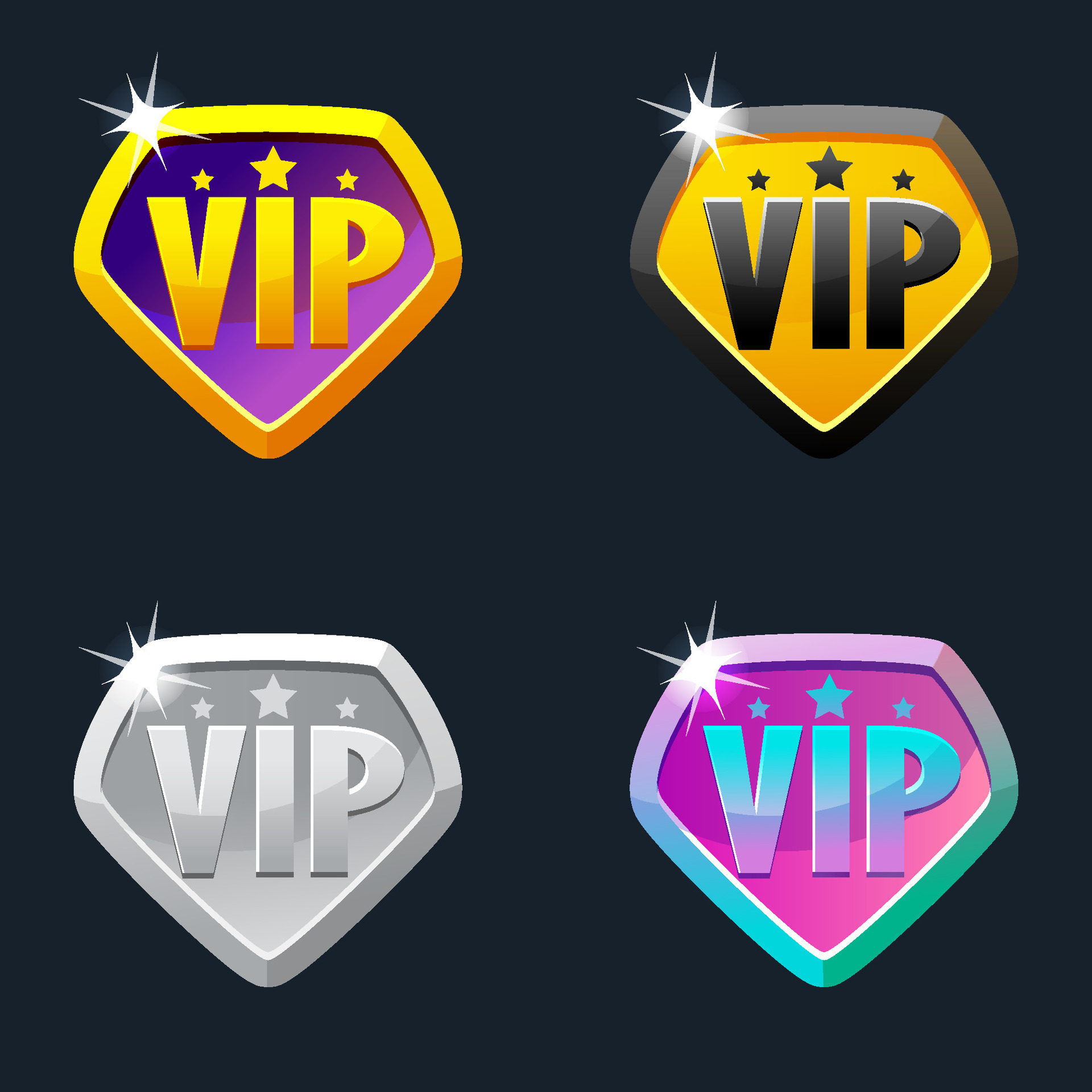 Four VIP icons. VIP Badges for 2D game. VIP Badge for 2D game. 34119791 Vector Art at Vecteezy