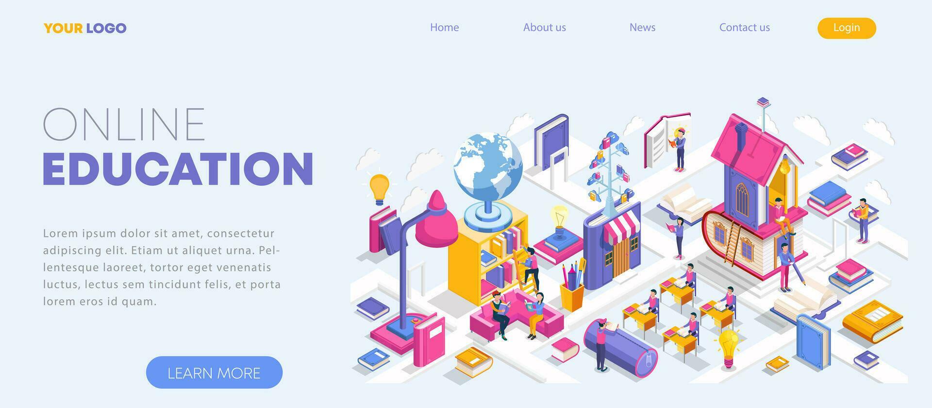 Flat design isometric online education concept. Landing page template ...