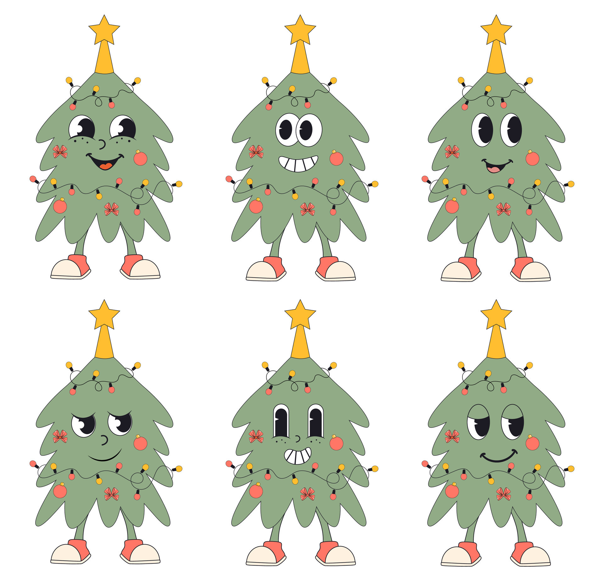 maravilloso retro estilo Navidad árbol conjunto con diferente emociones ...