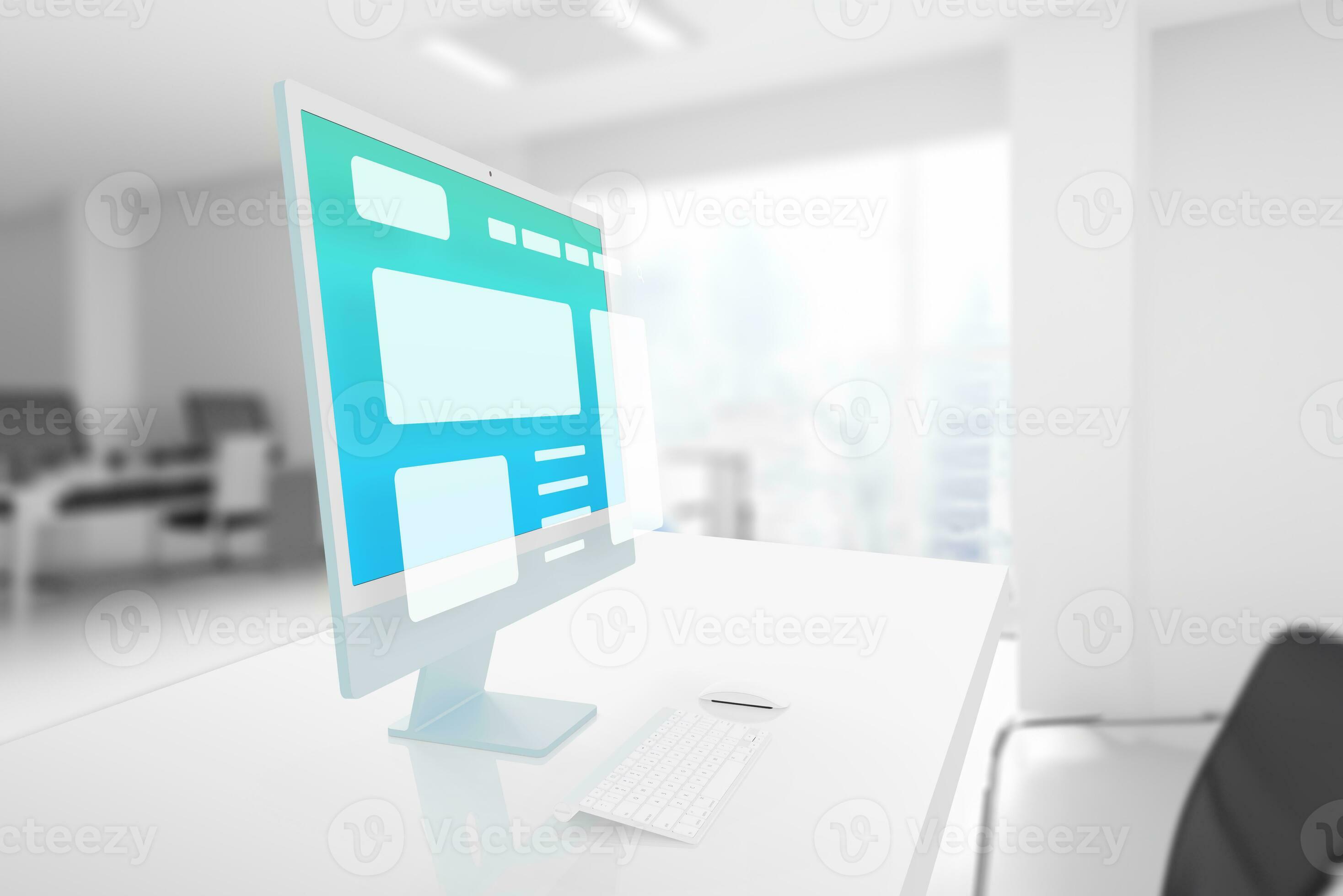 Computer display on an office desk with a hovering web page or app ...