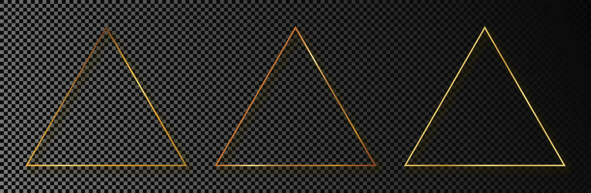 Set of three gold glowing triangle frames isolated on dark background. Shiny frame with glowing ...
