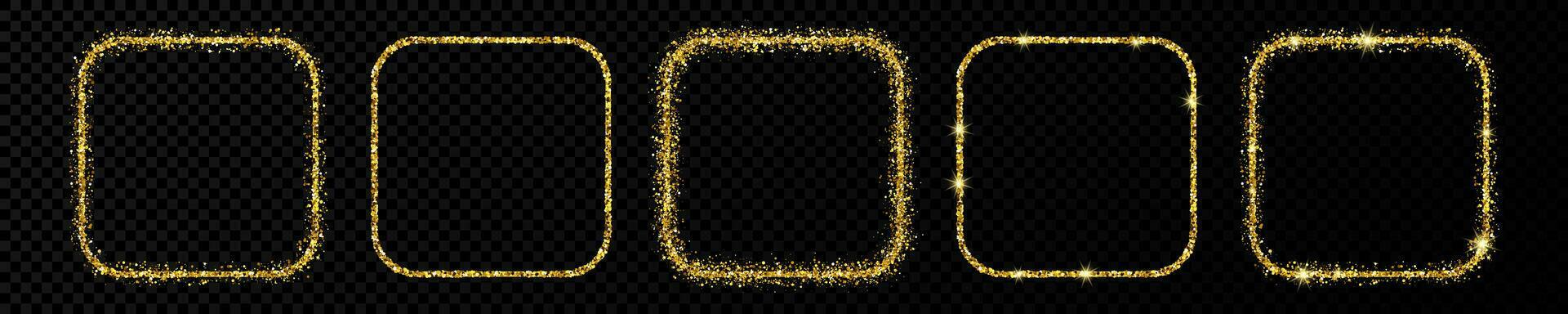 Set of five gold glitter frames. Square with rounded corners frame with shiny sparkles on dark ...
