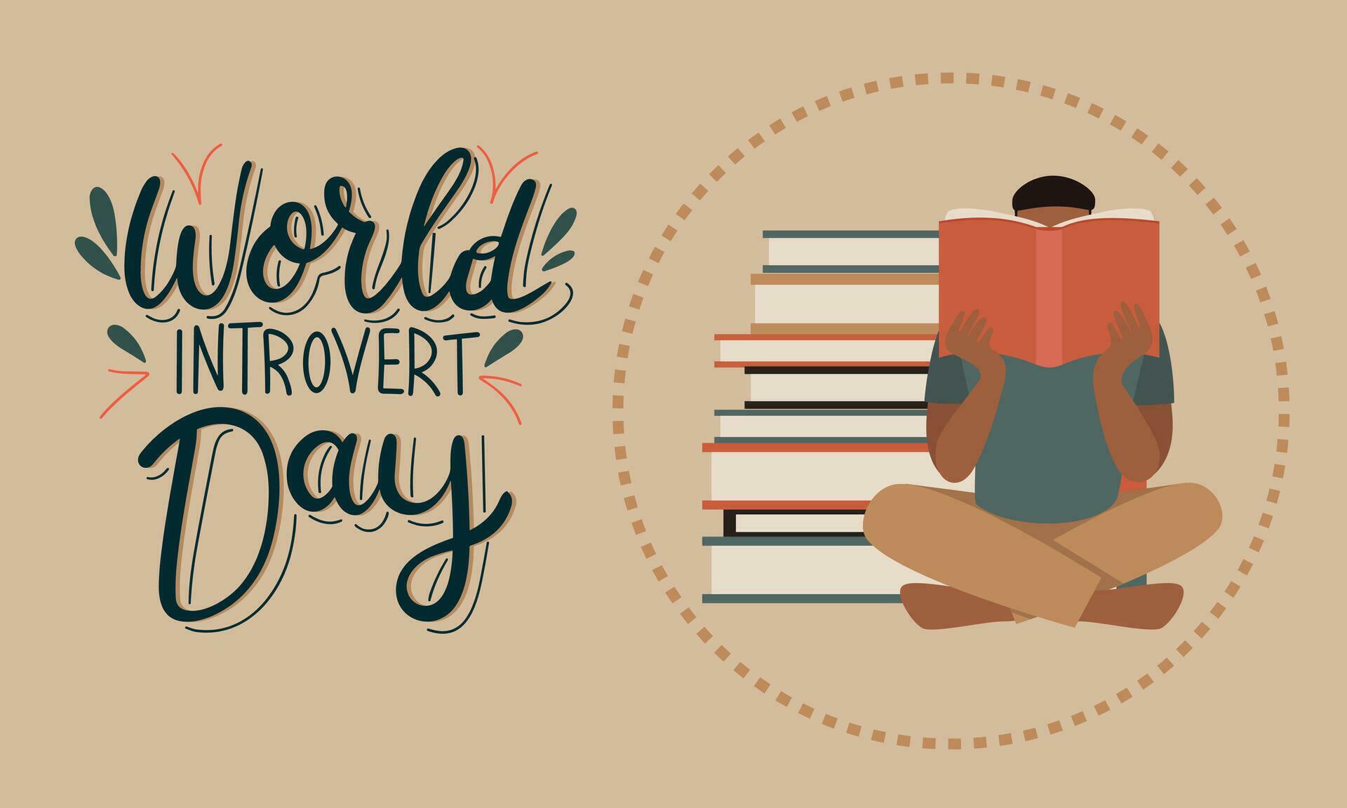 World introvert day banner with lettering. Introvert man reads book. Hand drawn vector ...