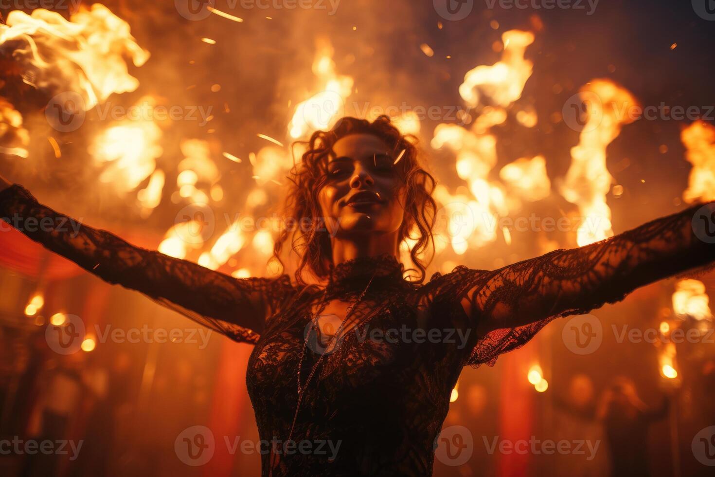 Fire Breathers Mystifying Act Captured In Radiant Red Black And Sunset