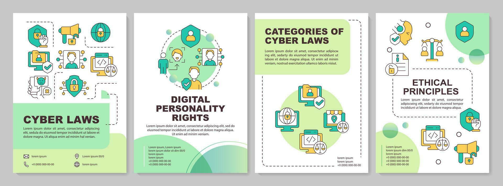 Gradient cyber law brochure template, leaflet design with thin linear icons, 4 vector layouts ...