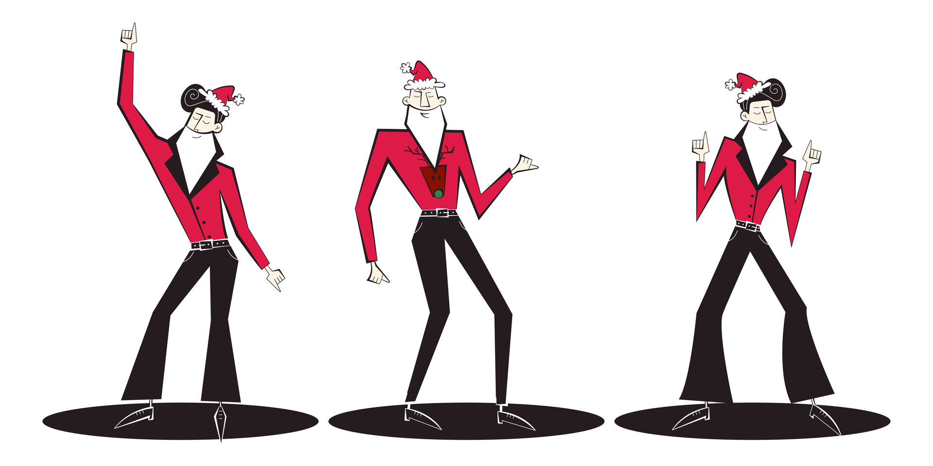 Set of three dancing Santa Claus characters in retro style. Christmas ...