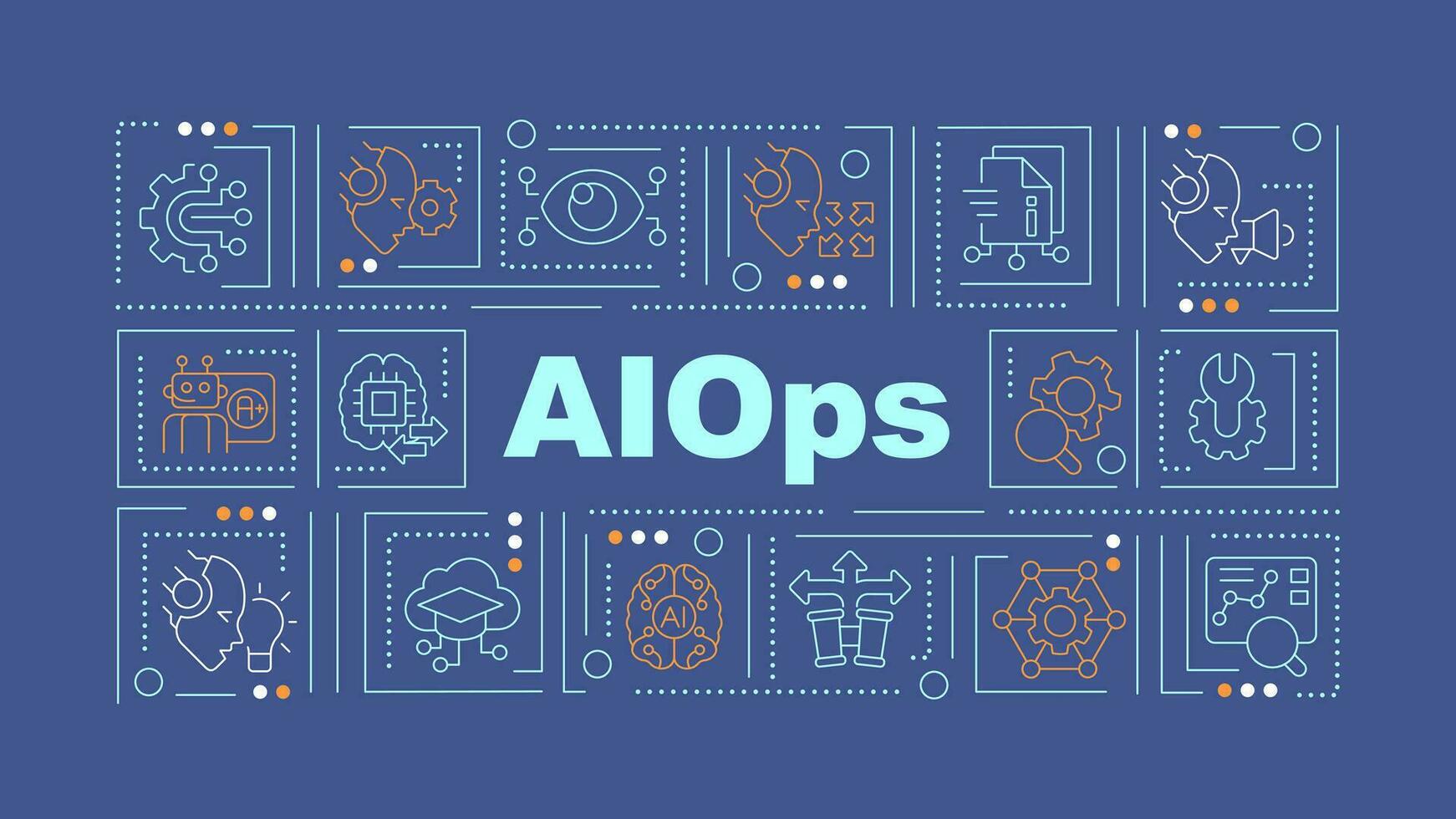 2D AI ops text with various thin linear icons concept on dark blue monochromatic background ...